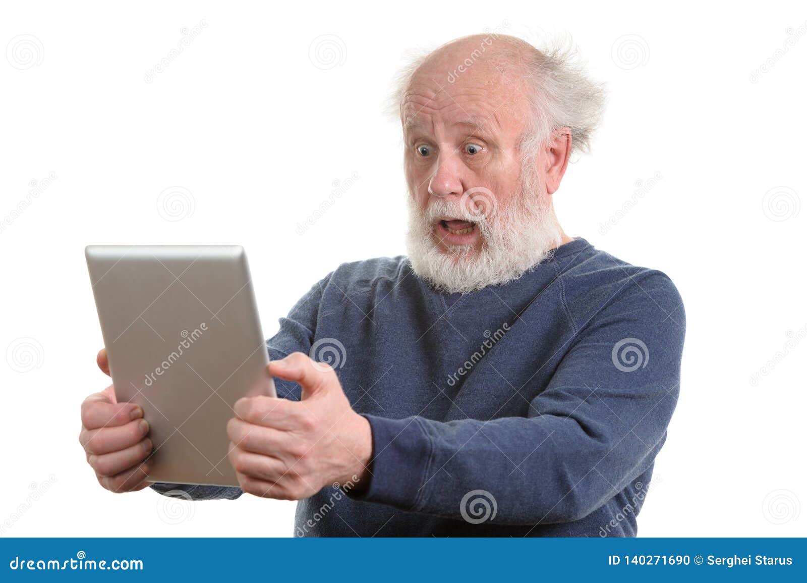Funny Shocked Old Man Using Tablet Computer Isolated on White Stock ...