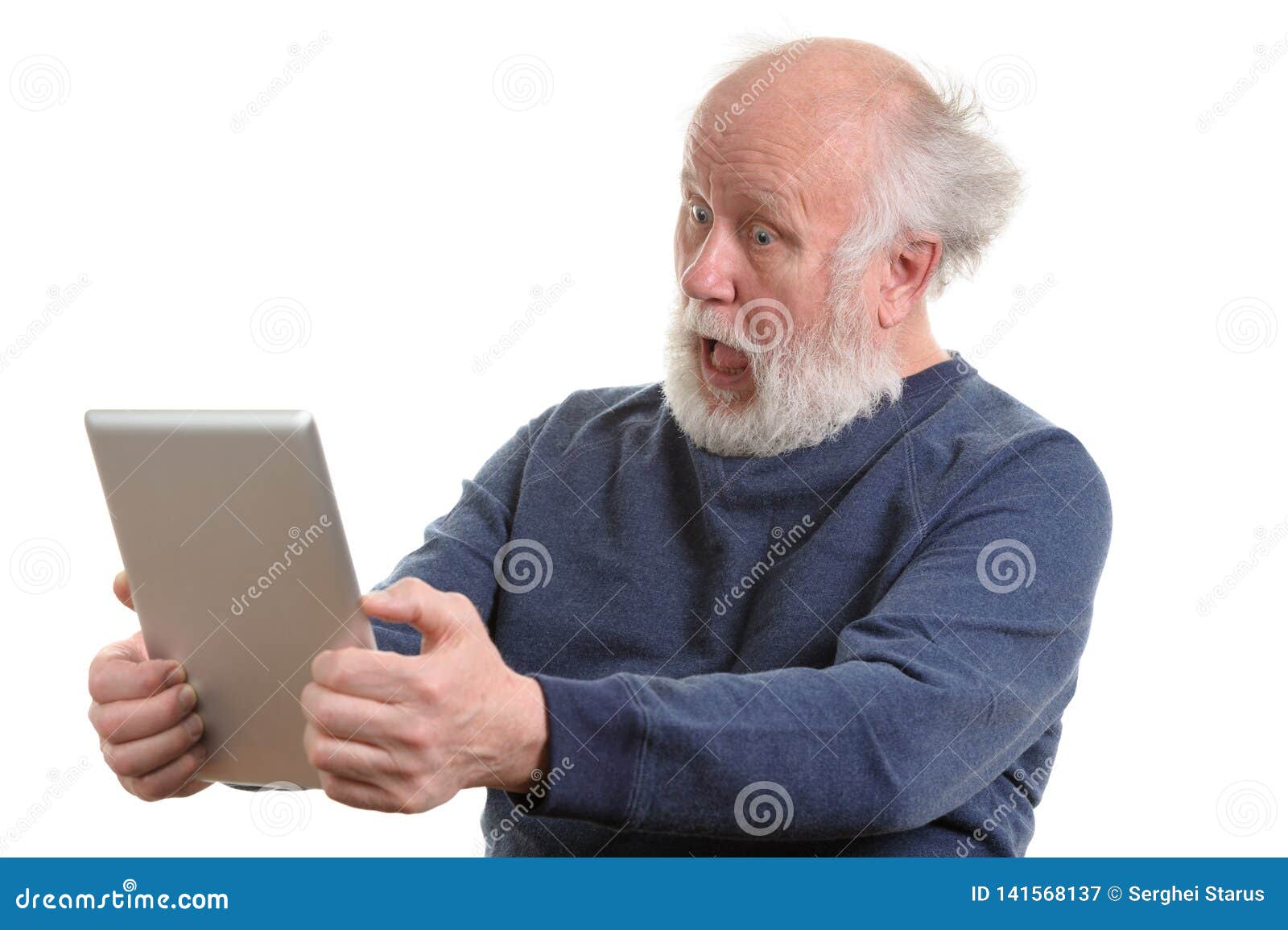 Funny Shocked Senior Man Using Tablet Computer Isolated on White Stock ... Funny Shocked Senior Man Using Tablet Computer Isolated on White Stock ...