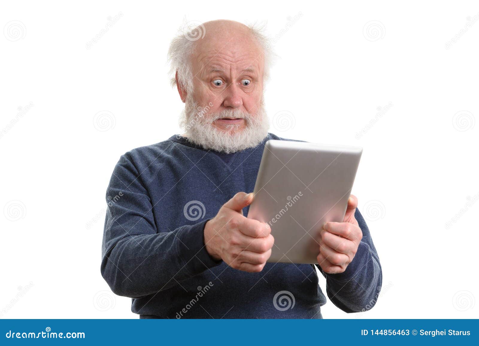 Funny Shocked Senior Man Using Tablet Computer Isolated on White Stock ... Funny Shocked Senior Man Using Tablet Computer Isolated on White Stock ...