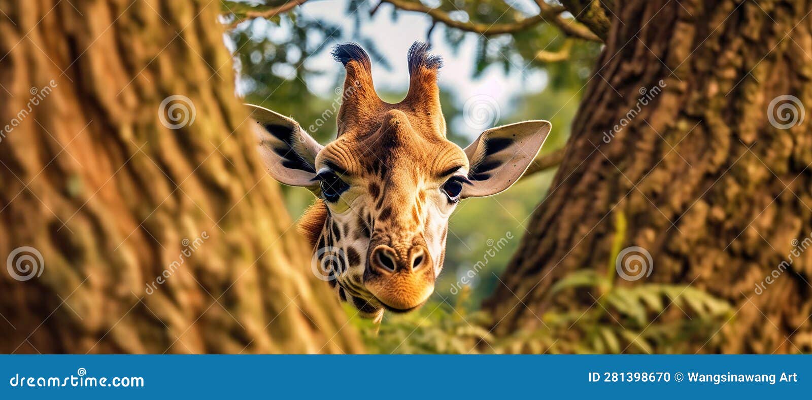 Funny Shy Giraffe Hiding and Peeking Out from Behind a Tree Generative ...