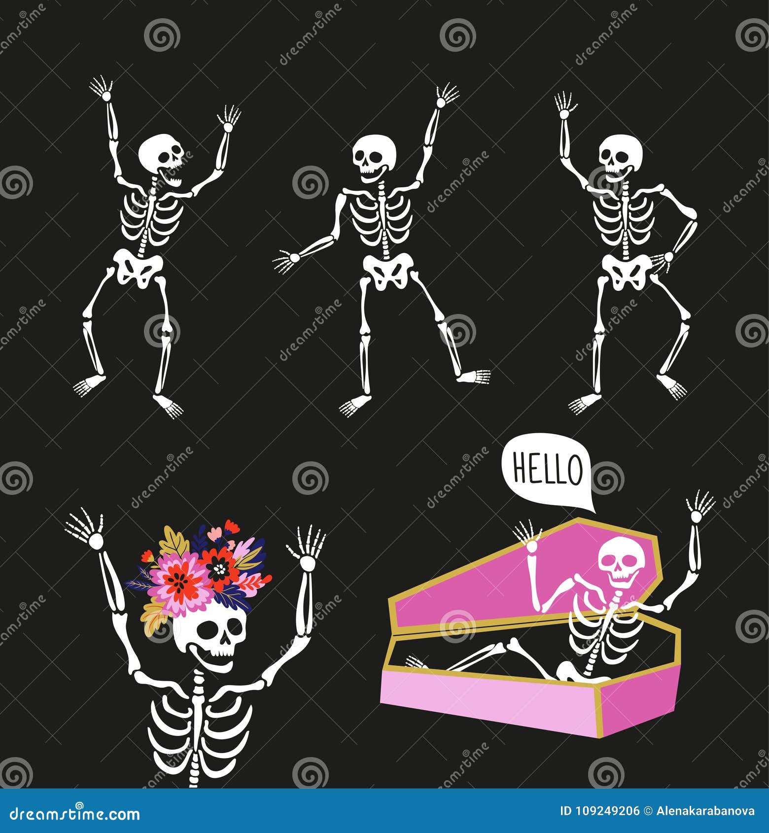 Funny Skeletons in Different Poses with Speech Bubbles. Vector ...