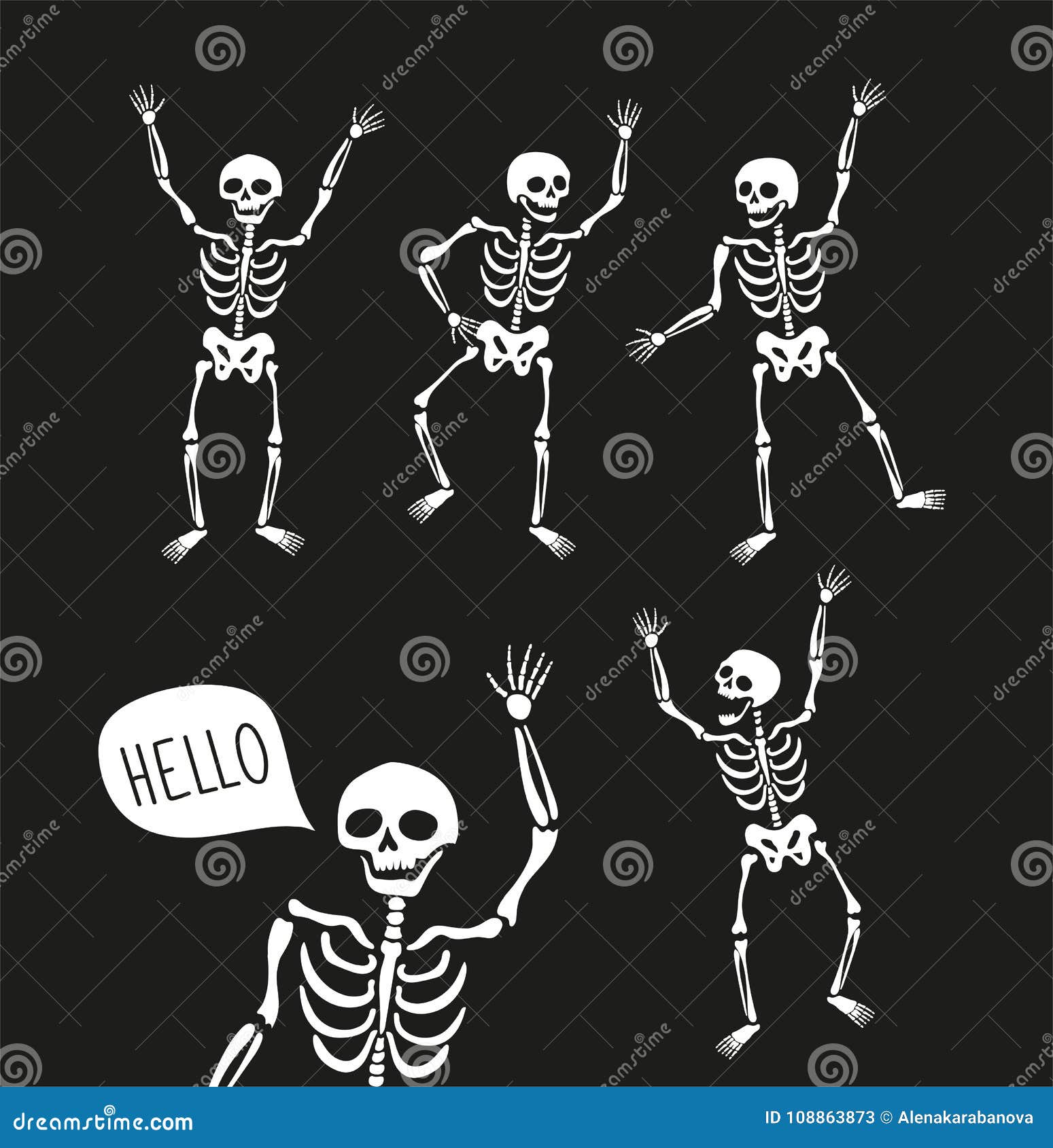 Funny Skeletons In Different Poses With Speech Bubbles. Vector ...