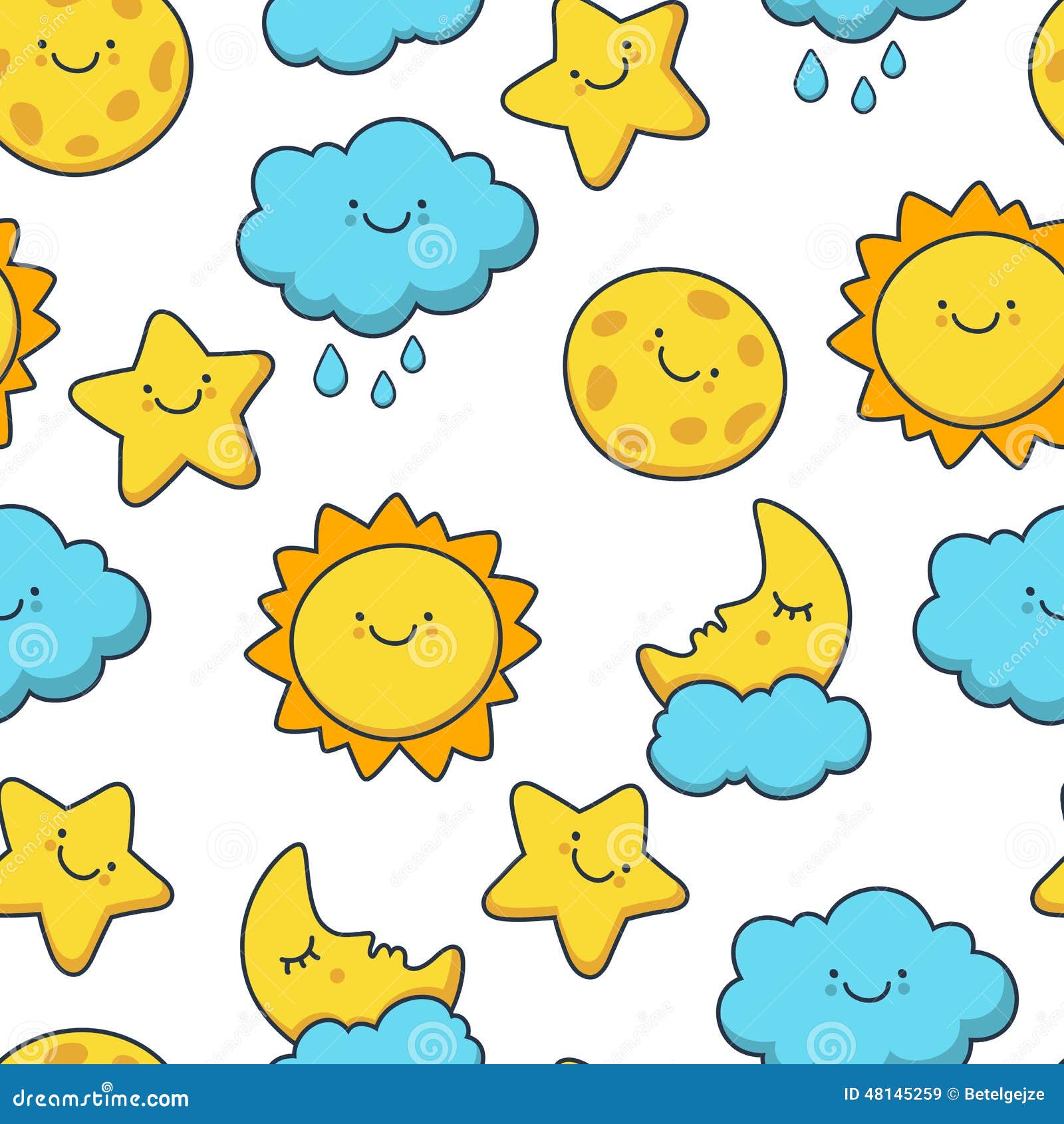 Funny Sketching Smiling Sun, Cloud And Rainbow. Vector Cartoon I ...