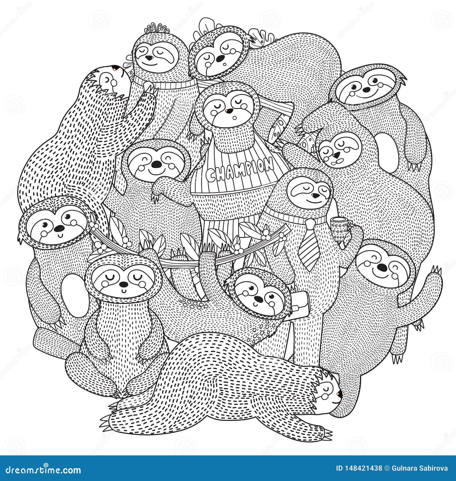 Funny Sloths. Cute Hand Drawn Lazy Animals, Funny Tropical Mammals ...