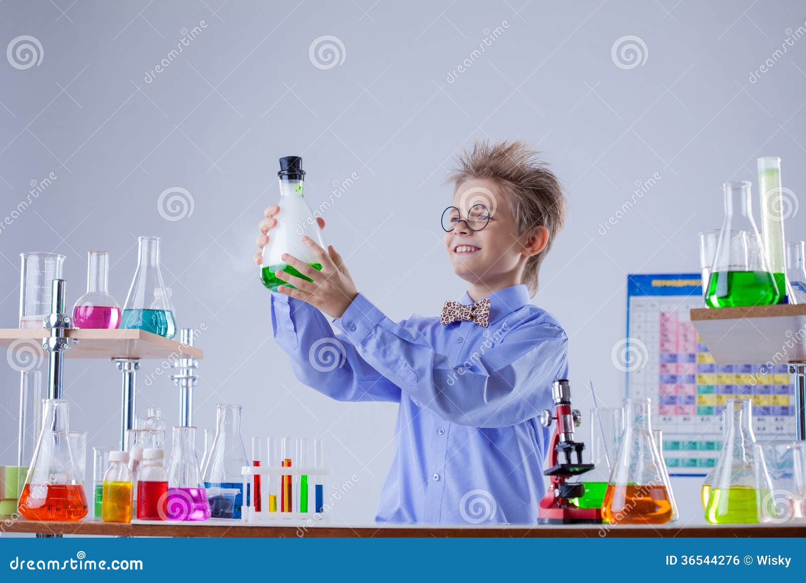 Funny Smiling Boy Holding Flask with Reagent Stock Photo - Image of ...