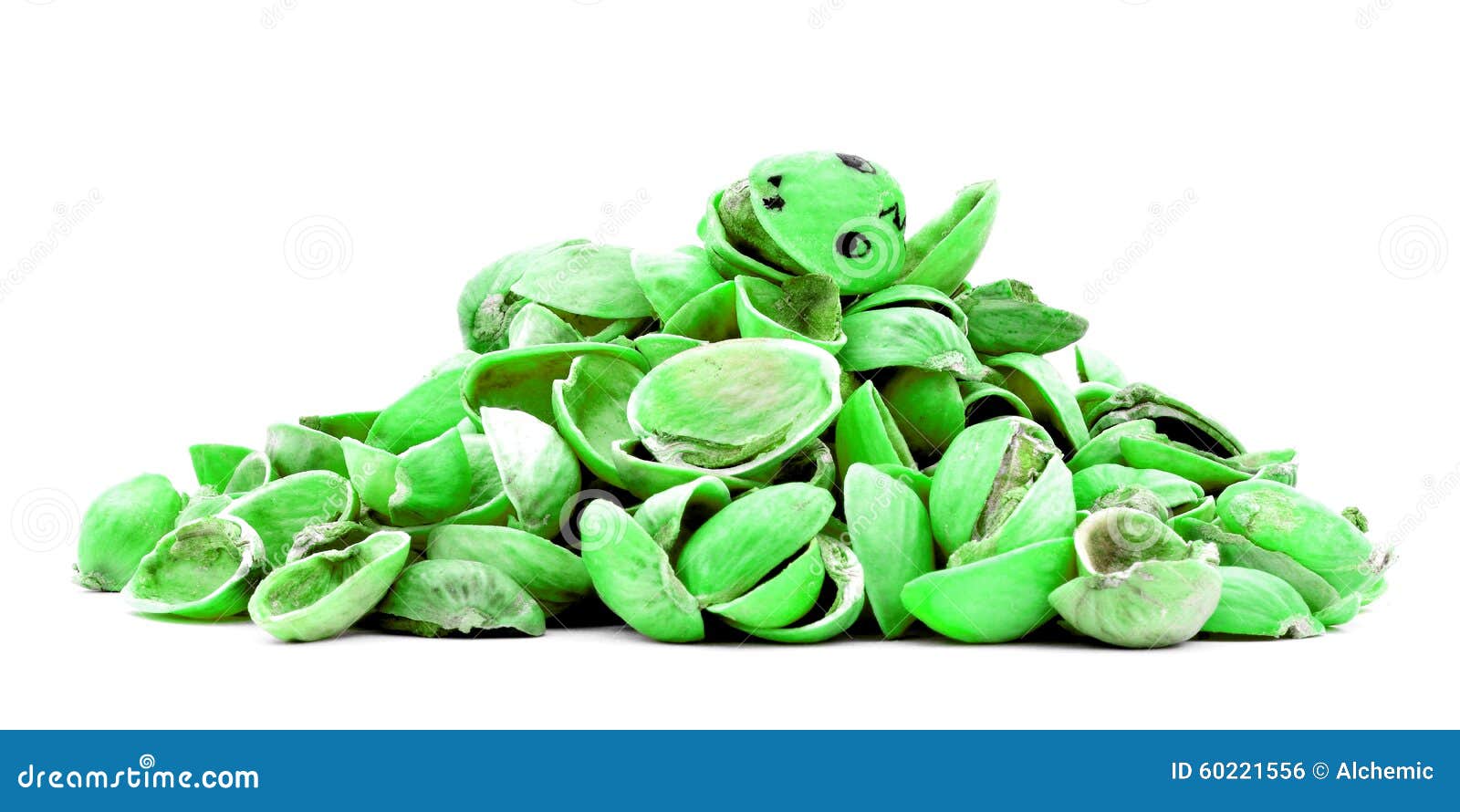 Funny Smiling Green Dinosaur Pistachio on Heap of Nutshells Stock Photo ...
