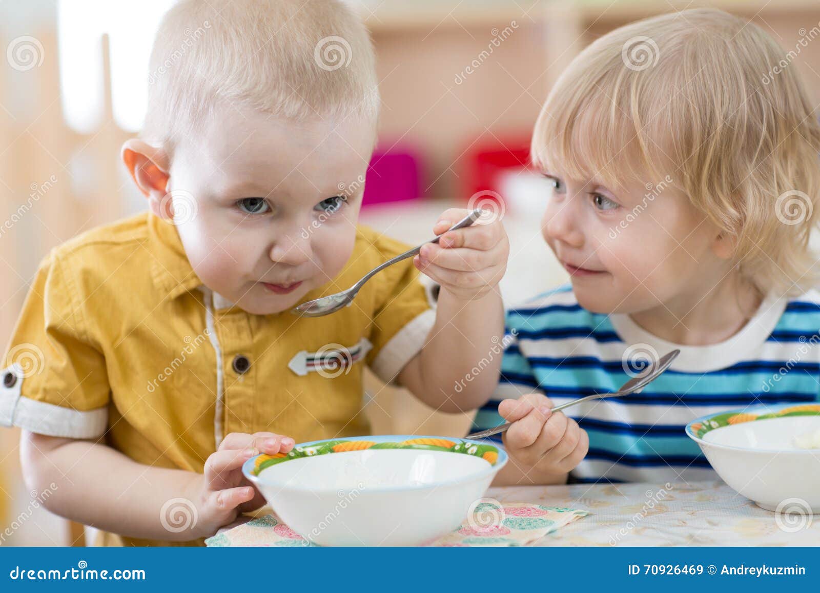 Funny Smiling Little Kid Eating in Kindergarten Stock Image - Image of ...