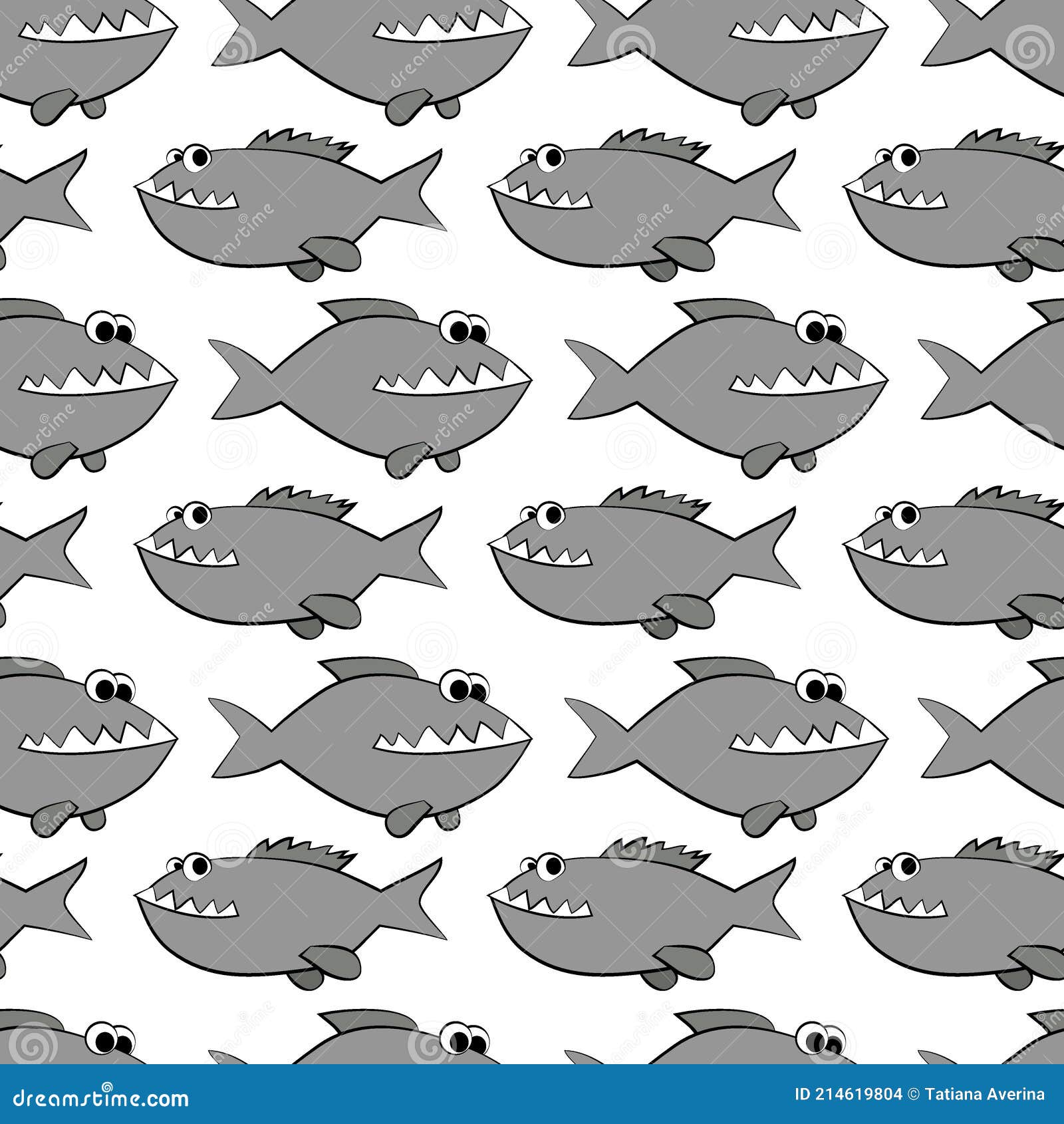 Funny Smiling Predatory Fishes, Piranhas. Seamless Pattern on White ...