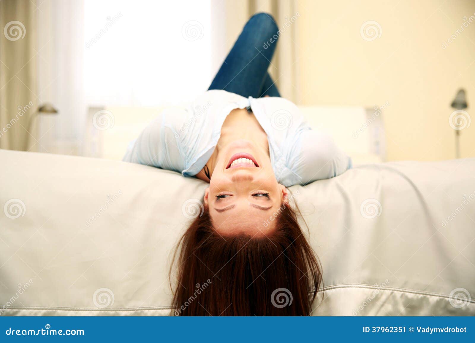 Funny Smiling Woman Lying on the Bed Stock Image - Image of happy ...