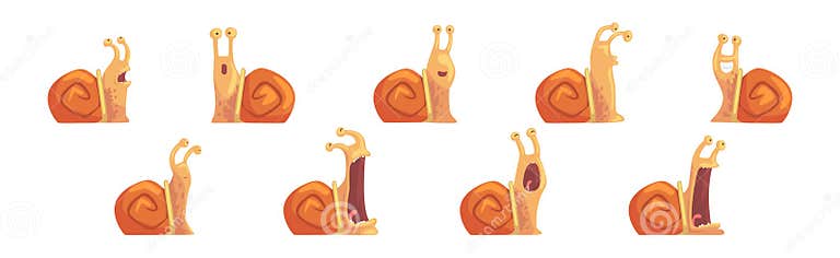 Funny Snail with Spiral Shell Show Different Emotion Vector Set Stock ...
