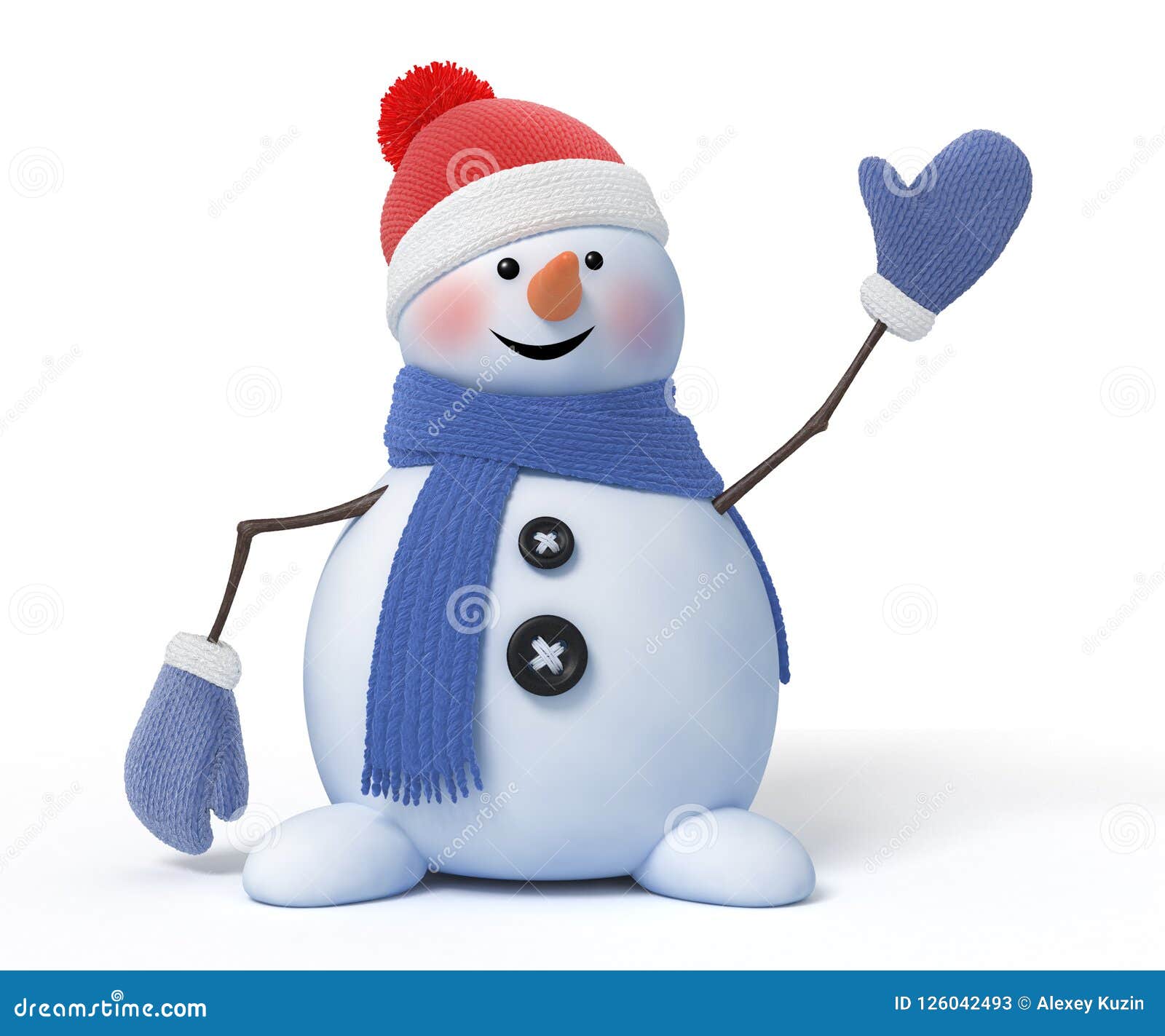 Funny Snowman with a Blue Scarf Waves on a White Background. 3d Render ...