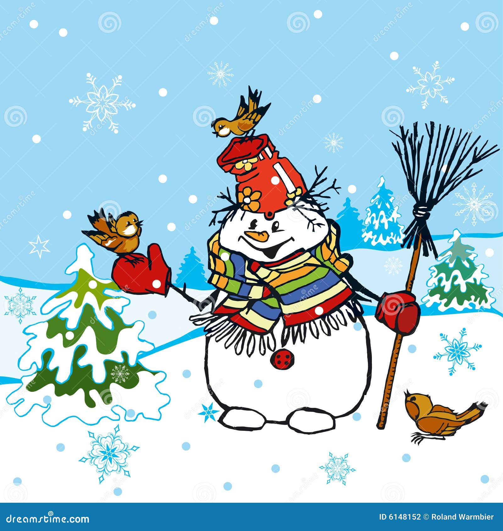 Funny Snowman Hand Drawn Cartoon Style Near A Christmas Tree Waiting ...