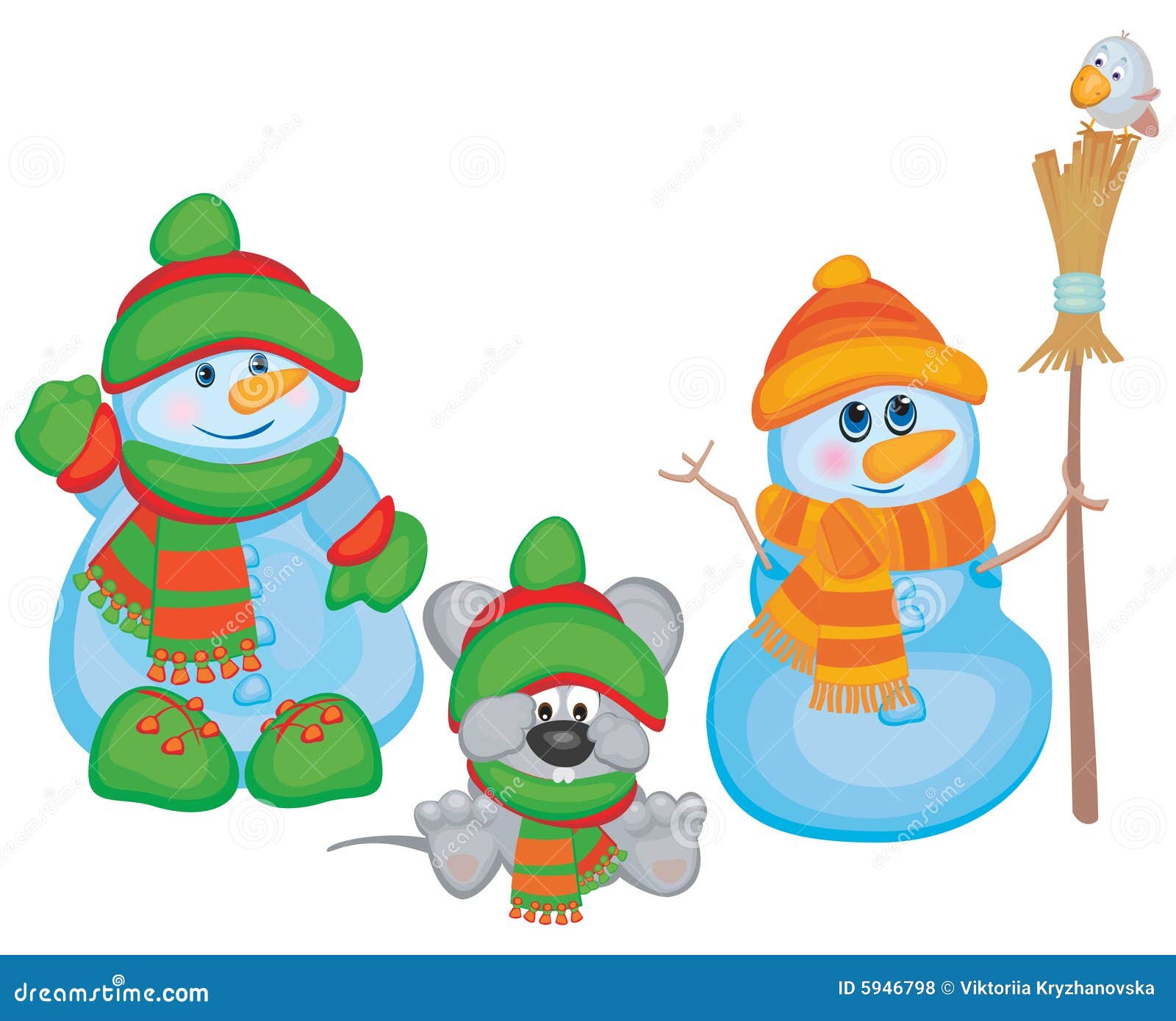 Funny snowmen and mouse. stock vector. Illustration of card - 5946798
