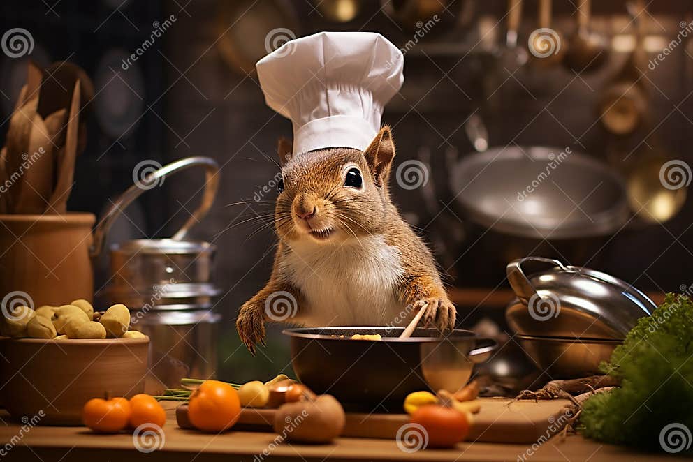 Funny Squirrel with a Chef S Cap Cooking Dinner. Generative AI Stock ...