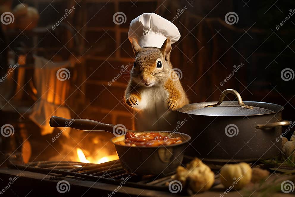 Funny Squirrel with a Chef S Cap Cooking Dinner. Generative AI Stock ...