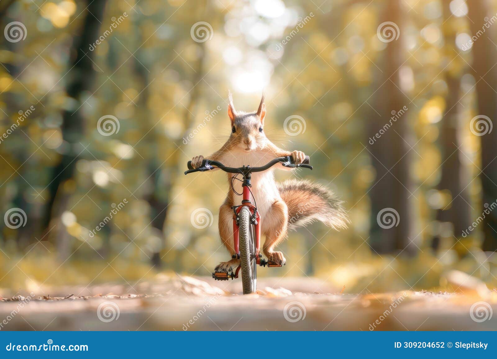 Funny Squirrel Riding a Bicycle in Summer Forest Stock Photo - Image of ...