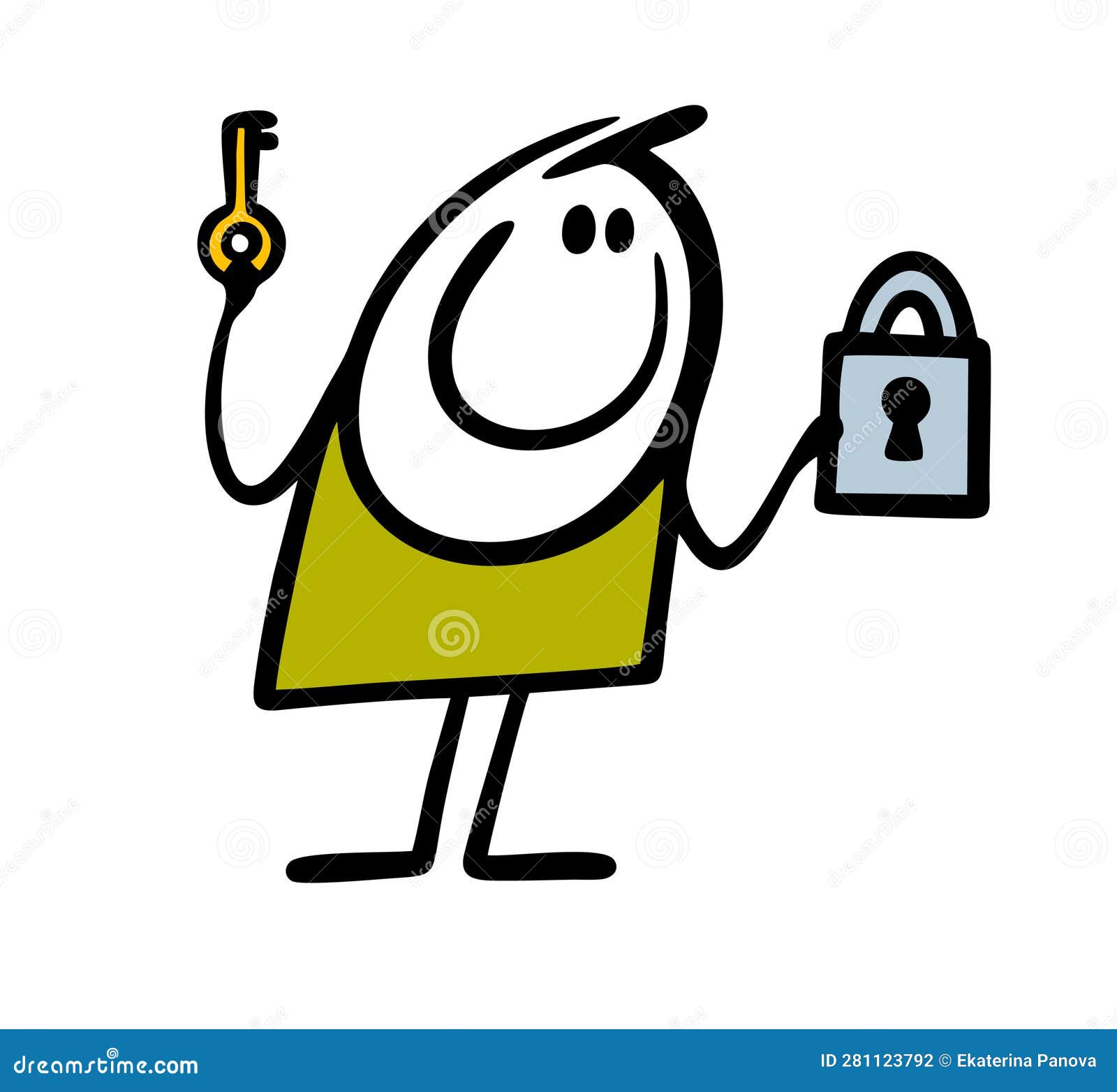 Funny Stickman Holds Keys and Padlock in His Hands. Vector Illustration ...