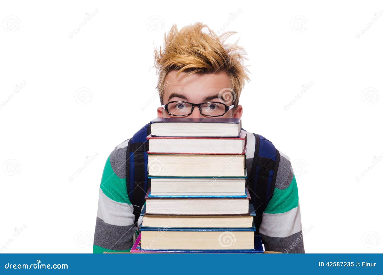 Funny student with stack stock image. Image of lesson - 42587235