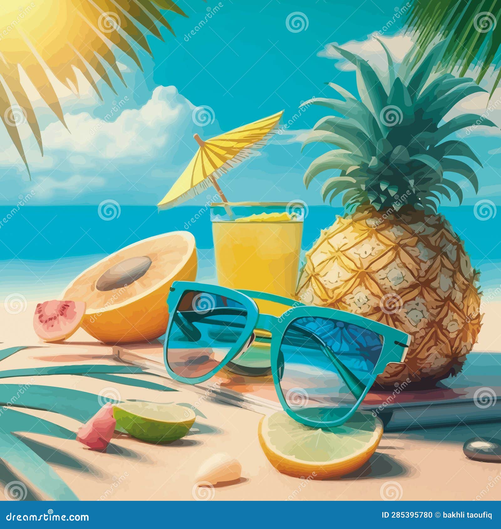 Funny Summer Beach Background with Pineapple Fruit Character Stock ...