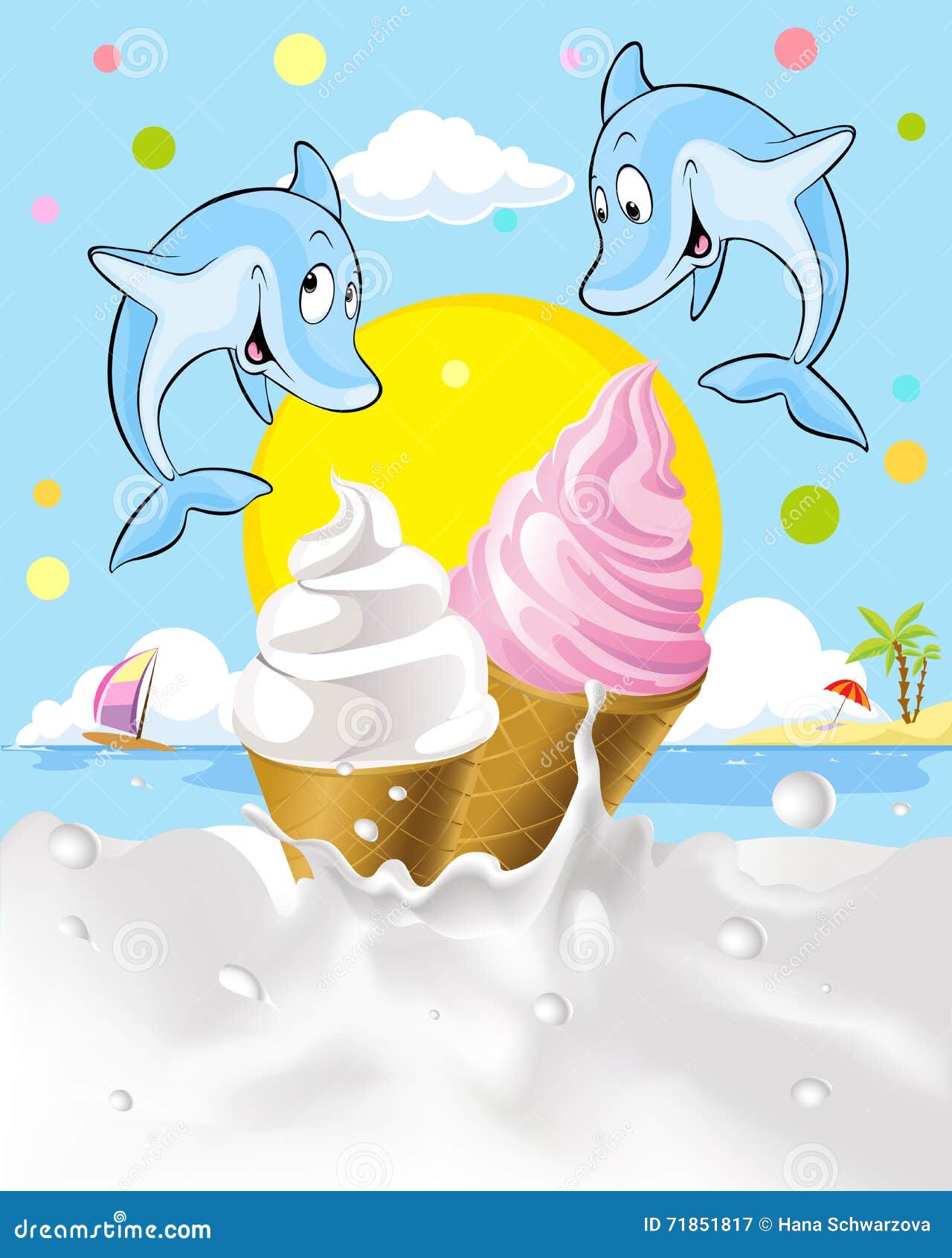 Funny Summer Design with Ice Cream, Dolphin and Beach - Vector Stock ...