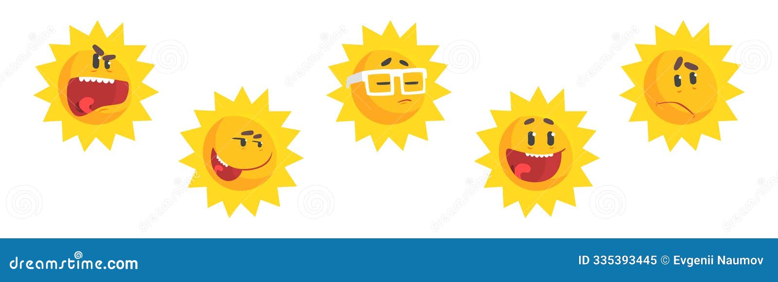 Funny Sun Character with Rays and Face Emotion Vector Set Stock ...