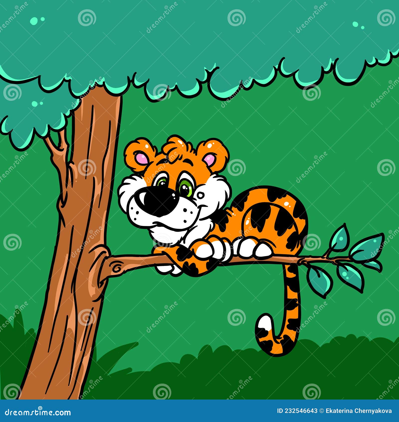 Funny Tiger Character Sitting Tree Cartoon Illustration Stock ...