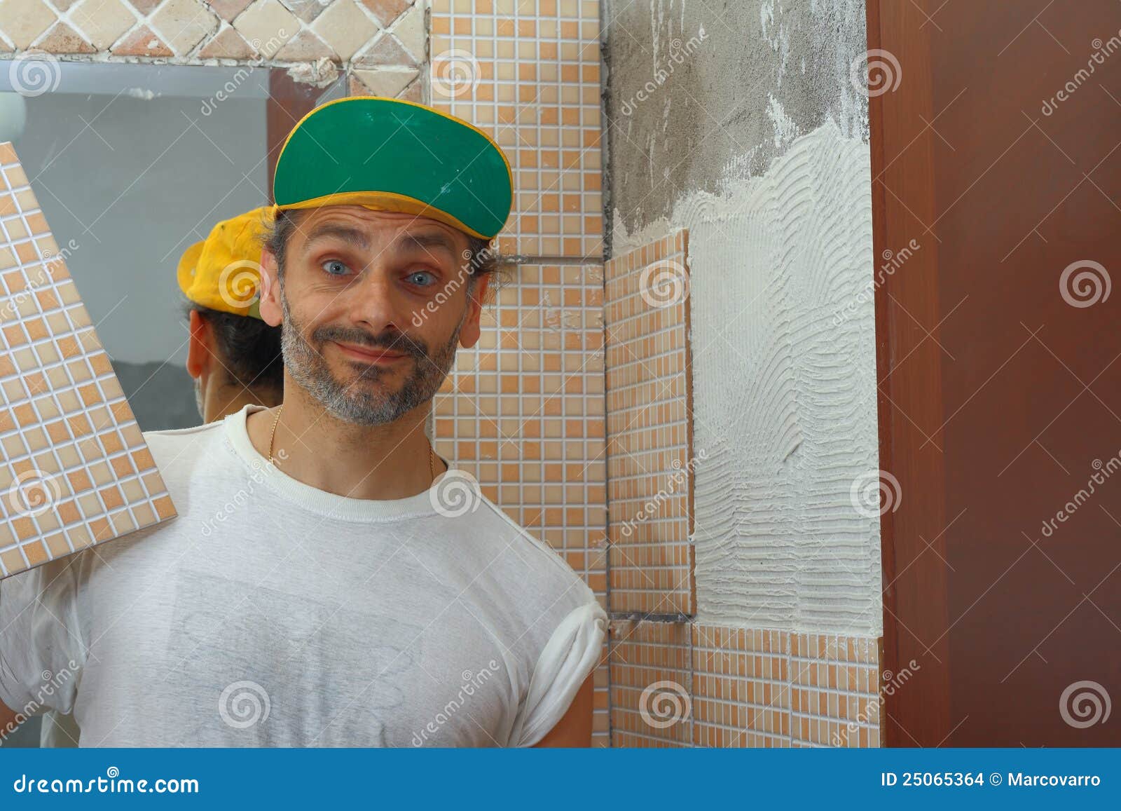 Funny tile worker stock photo. Image of mirror, indoor - 25065364