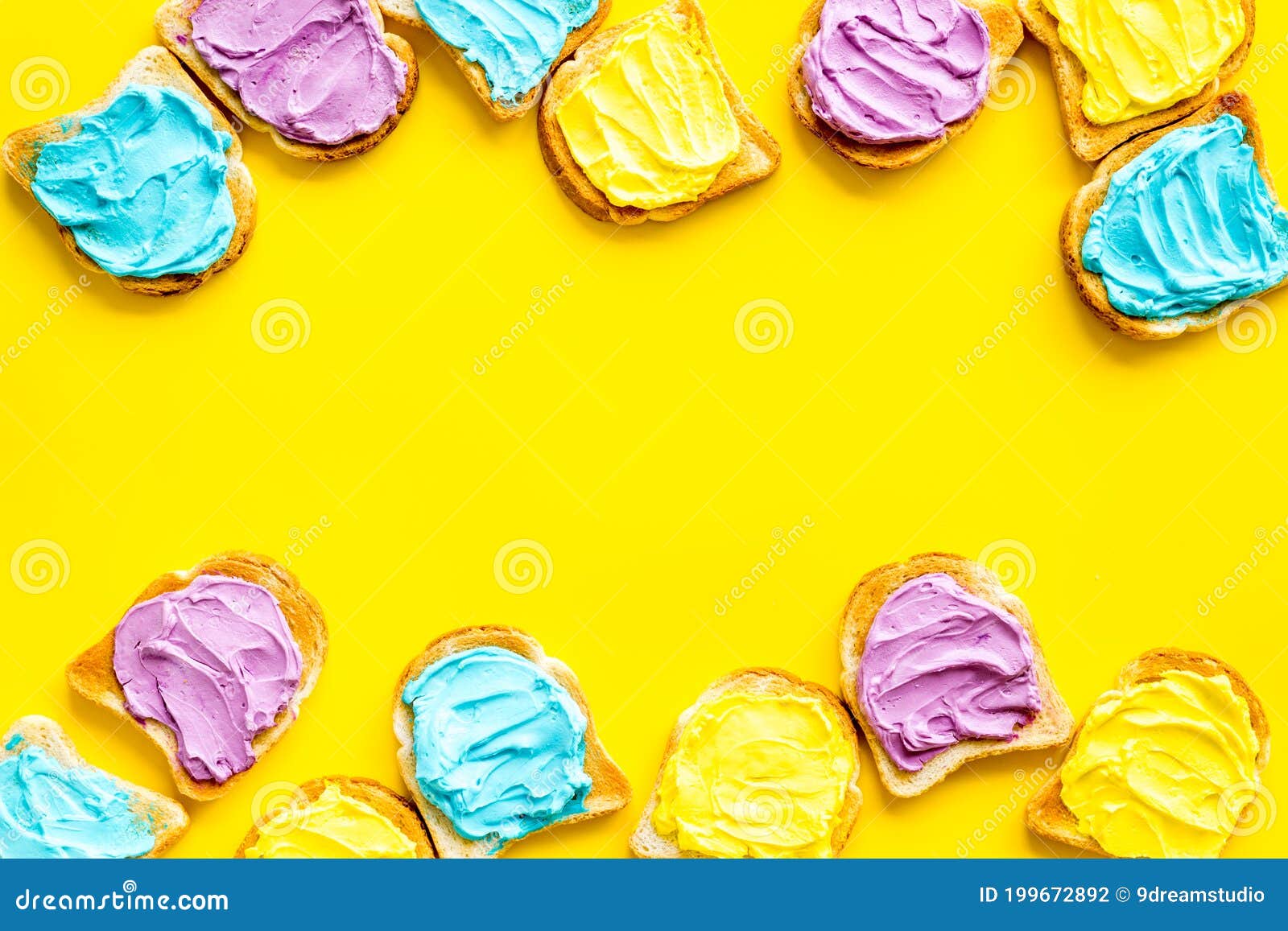 Funny Toasted Bread with Colored Cheese Spread. Overhead View Stock ...