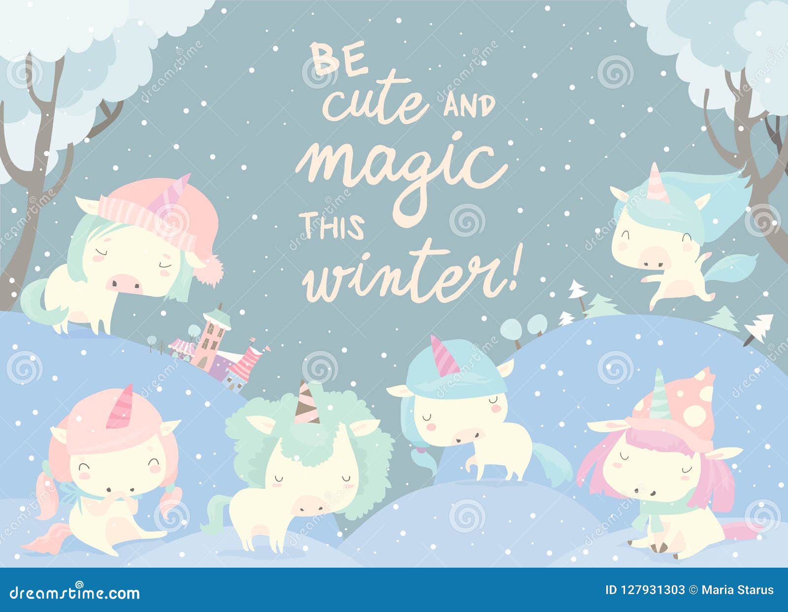 Funny Unicorns in Snow Forest. Magic Winter Stock Vector - Illustration ...