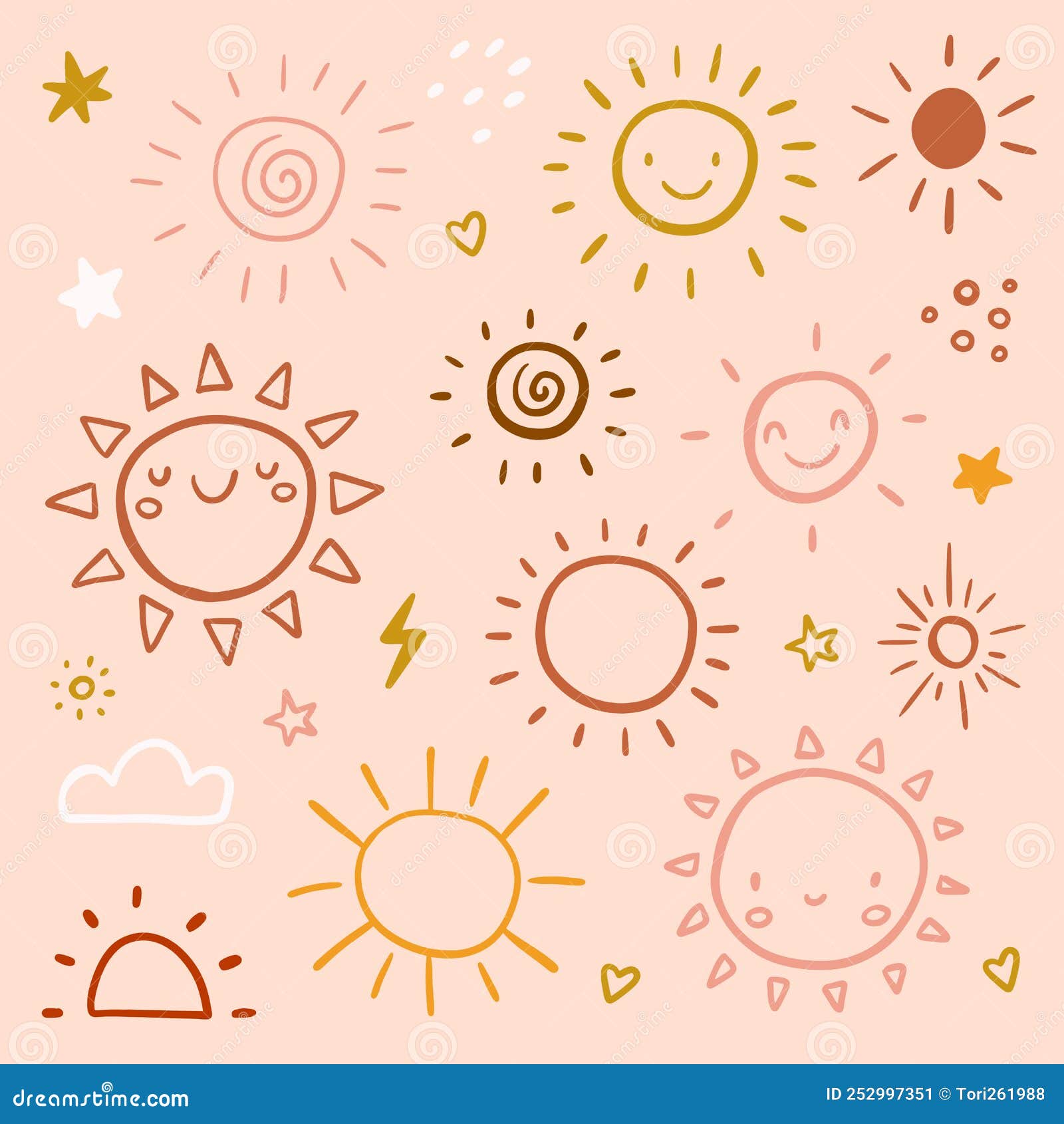 Funny Vector Doodle Suns. Hand Drawn Set. Stock Vector - Illustration ...