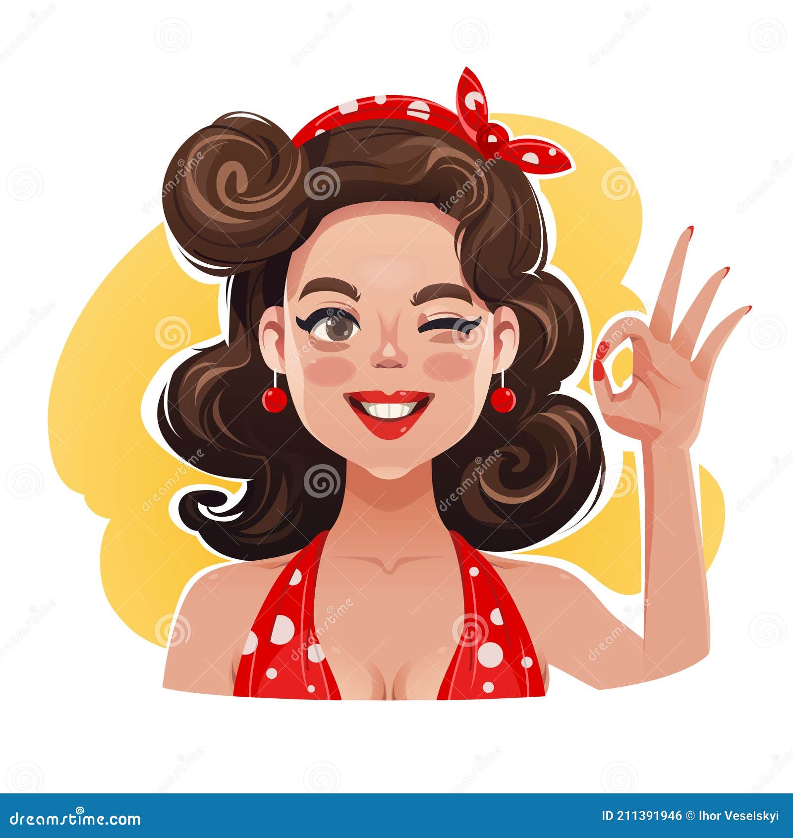 Happy Smiling Retro Pin Up Woman Showing Okay Gesture Stock Vector