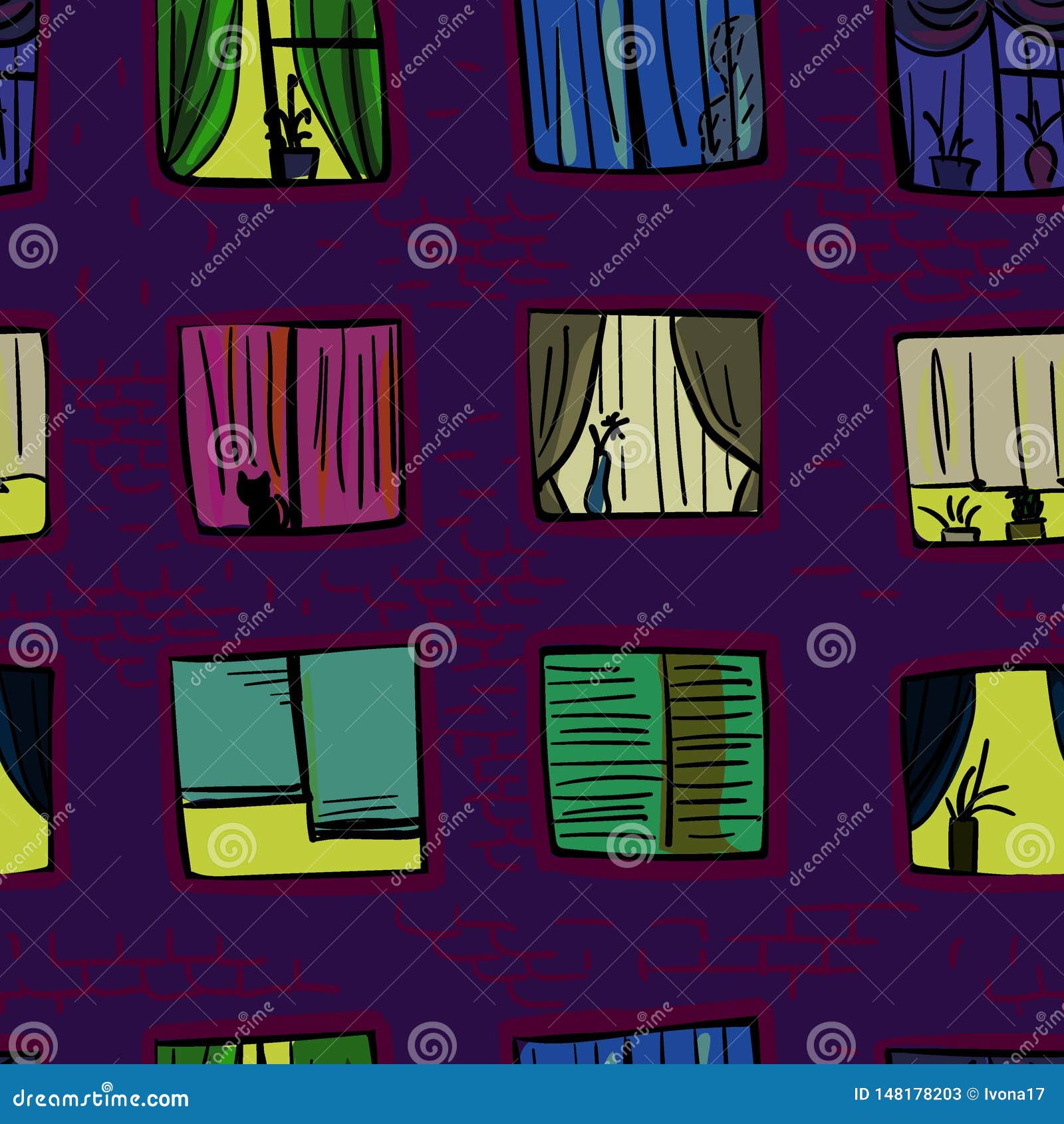 Funny Vector Seamless Pattern Windows in High-rise Building Night Stock ...