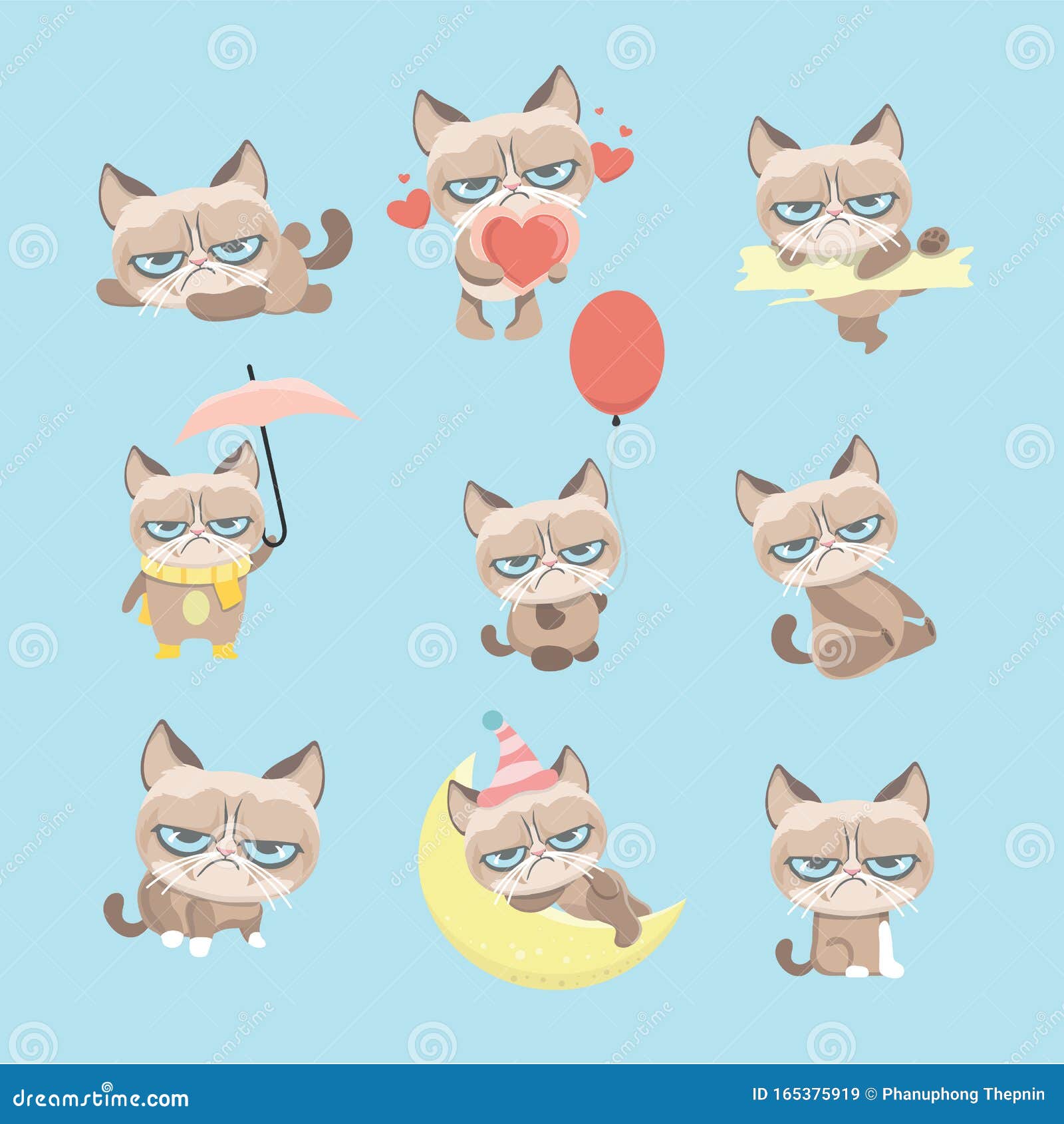 Funny Vector Set of Grumpy Cat Stock Vector - Illustration of kitten ...