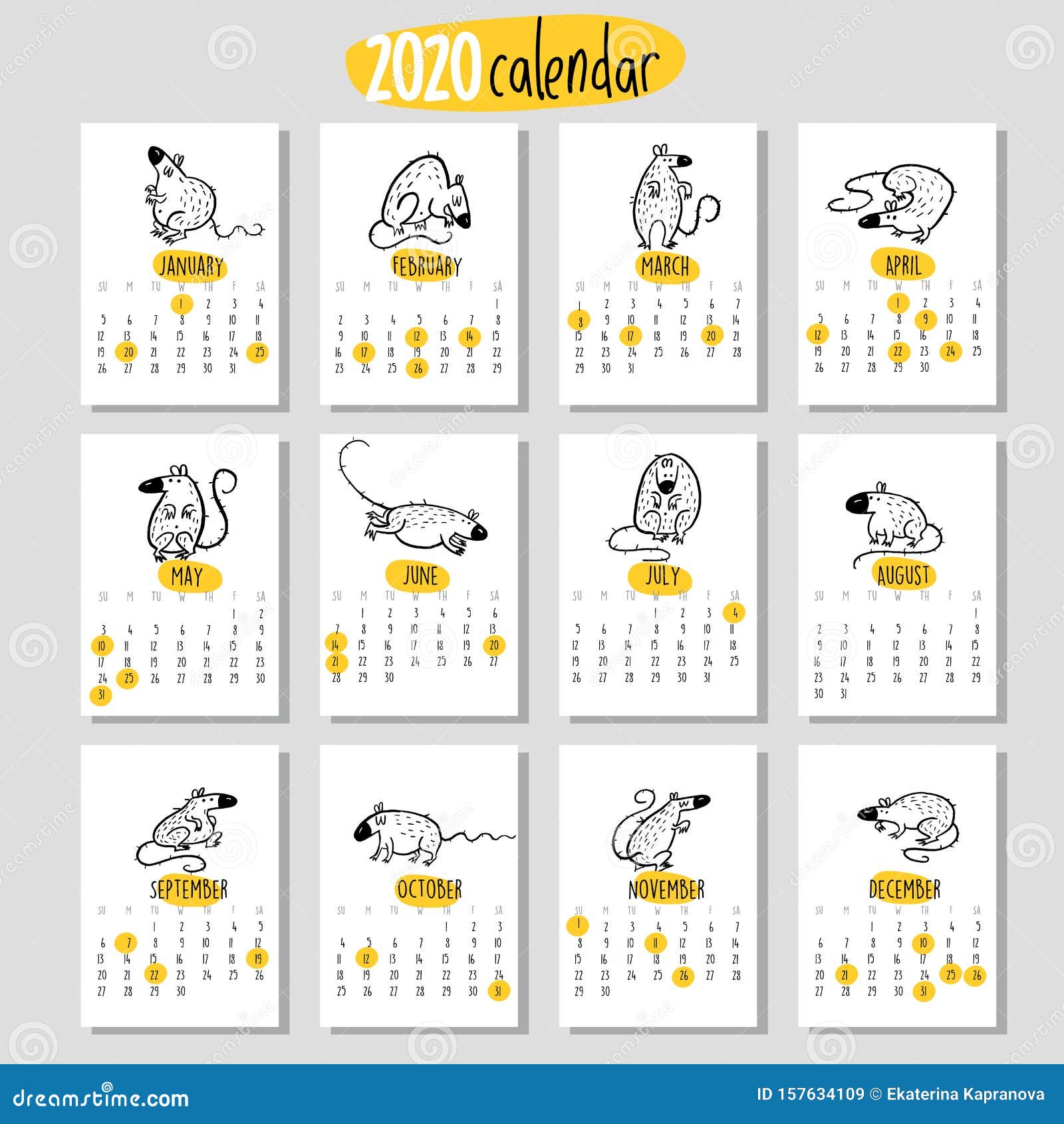 Funny Wal Calendar with Rats, Symbol of Year 2020. Vector. Stock Vector ...