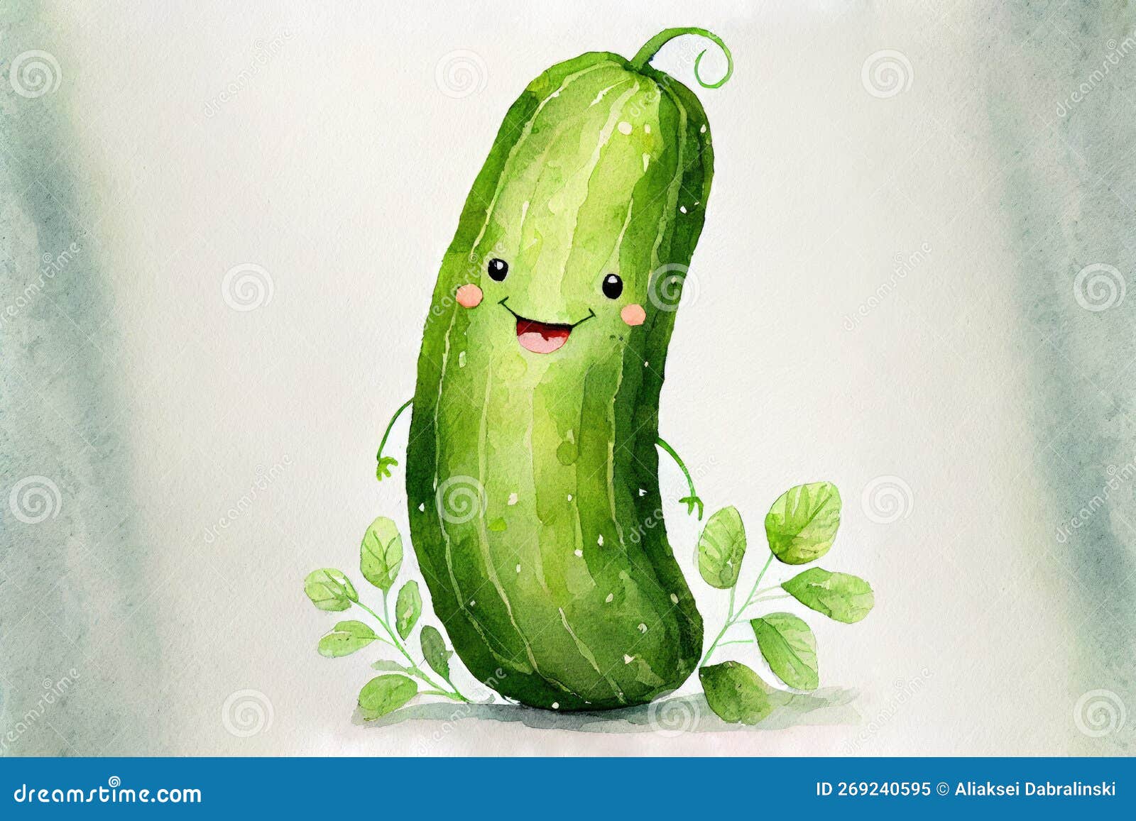 Funny Water-colored Cucumber Cheerful with a Face Stock Illustration ...