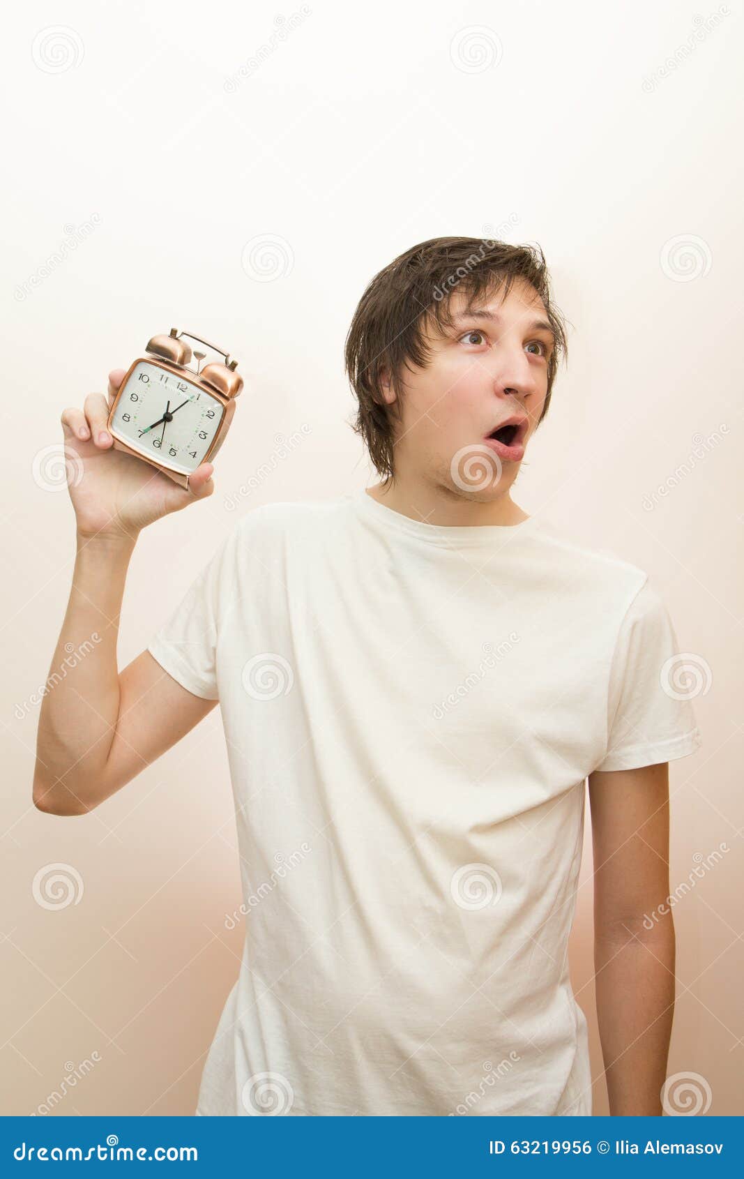 Funny White Man Hold Mechanical Alarm Clock Stock Photo - Image of ...
