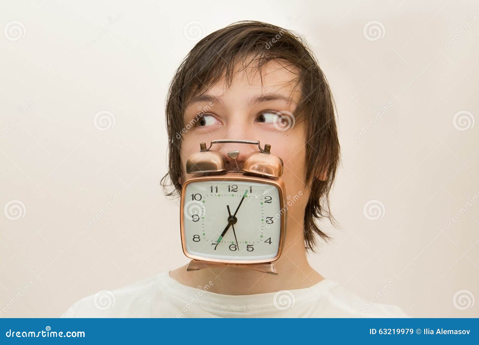 Funny White Man Hold in Mouth Alarm Clock Stock Image - Image of time ...