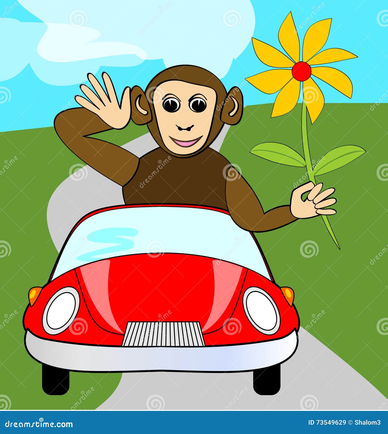 Funny Winking Monkey with Yellow Flower in Red Car Stock Vector ...