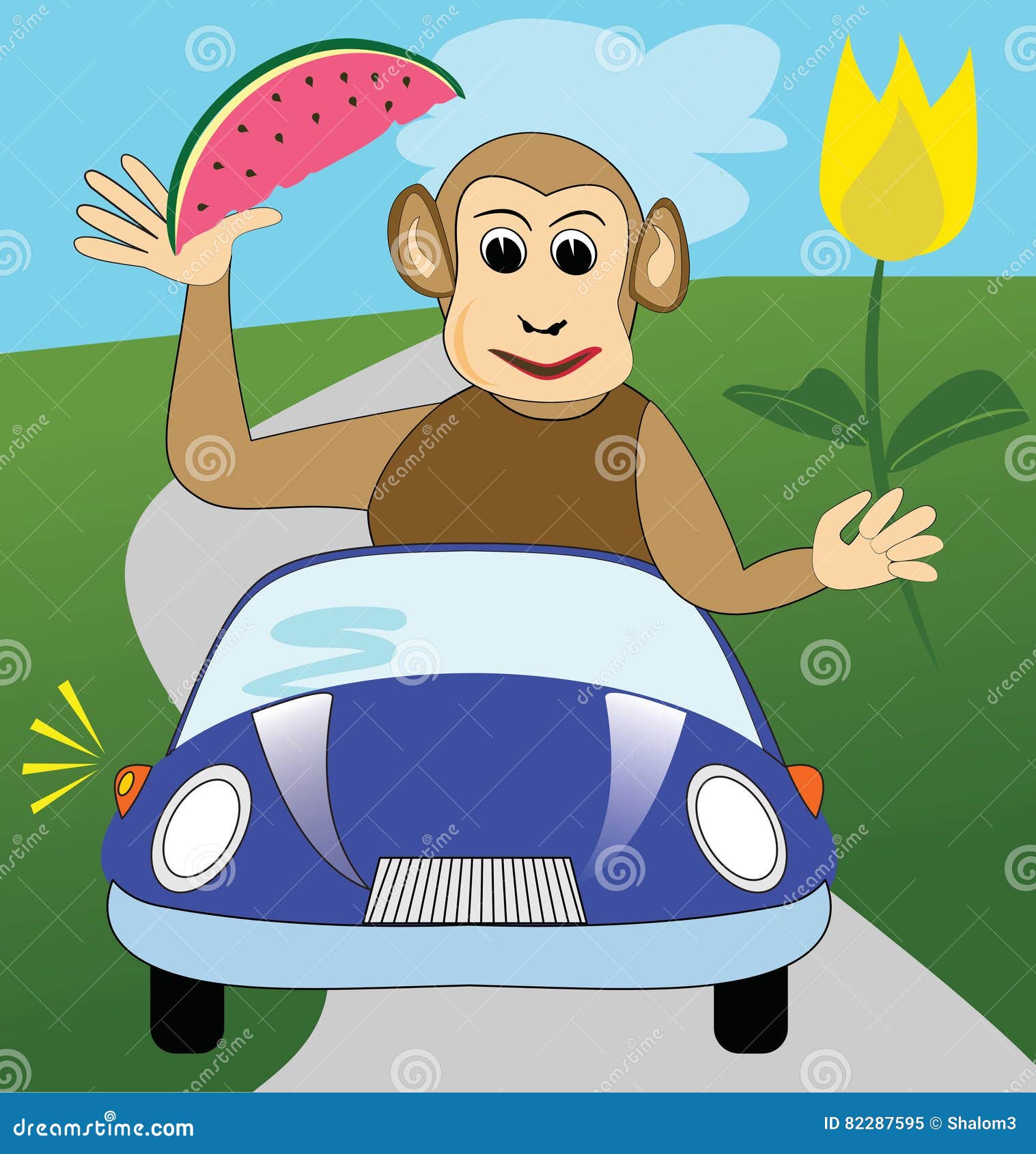 Funny Winking Monkey with Yellow Tulip and Melon in Blue Car Stock ...