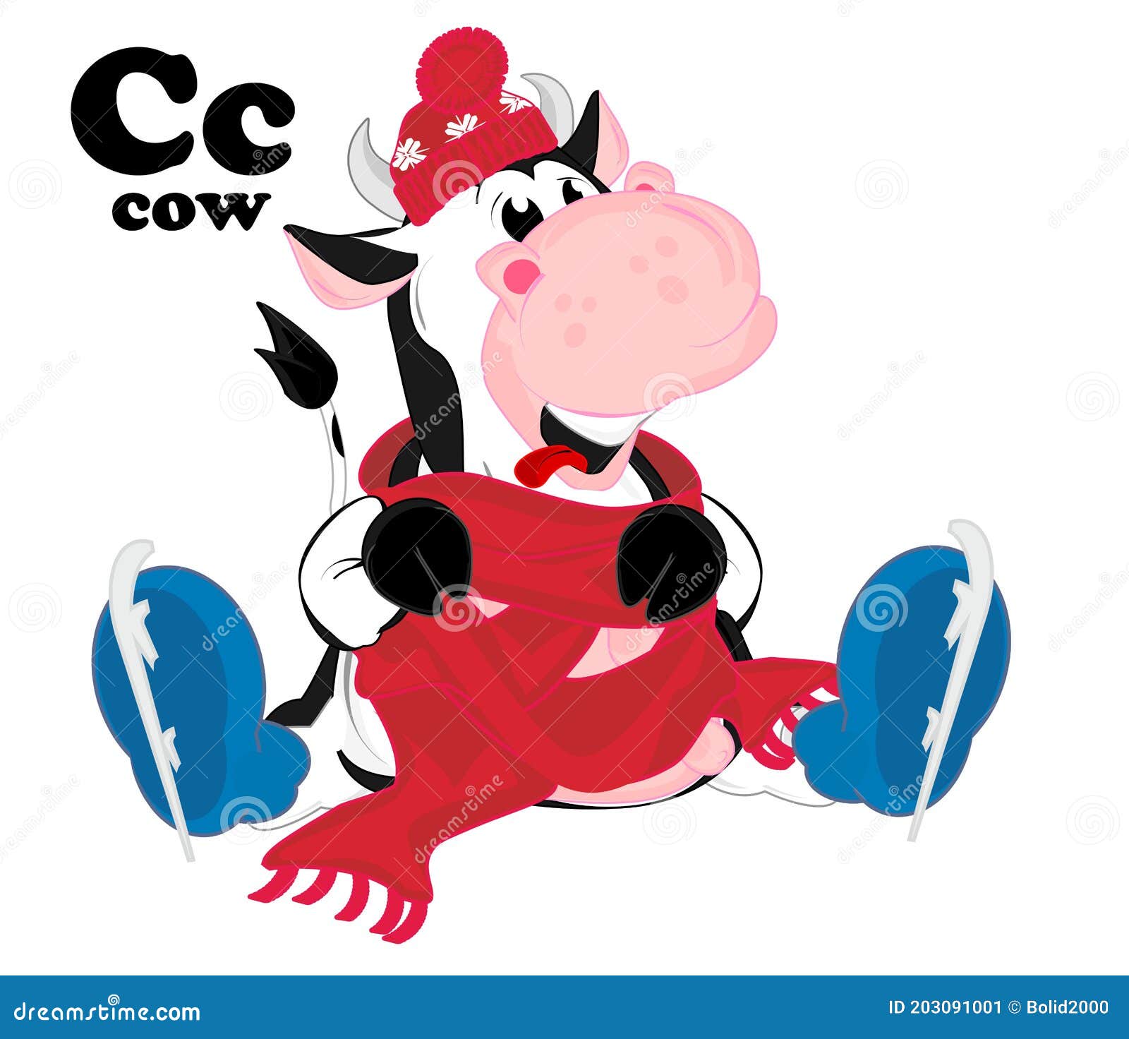 Funny winter cow stock illustration. Illustration of name - 203091001
