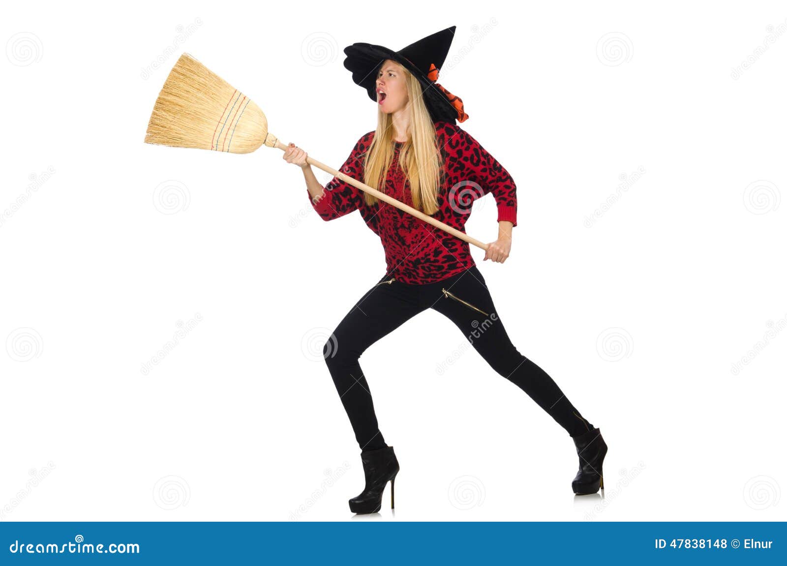 Funny Witch with Broom Isolated Stock Photo - Image of home, clean ...
