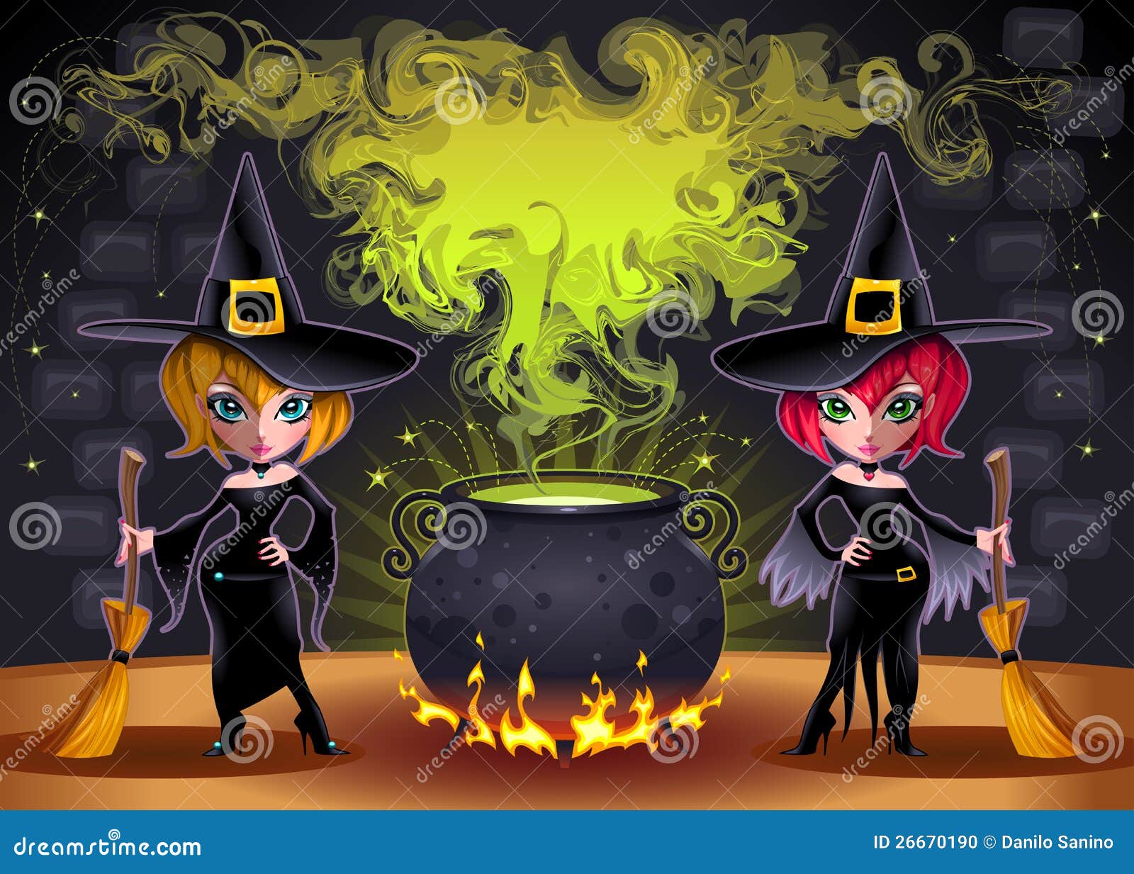 Funny witches with pot. stock vector. Illustration of twin - 26670190