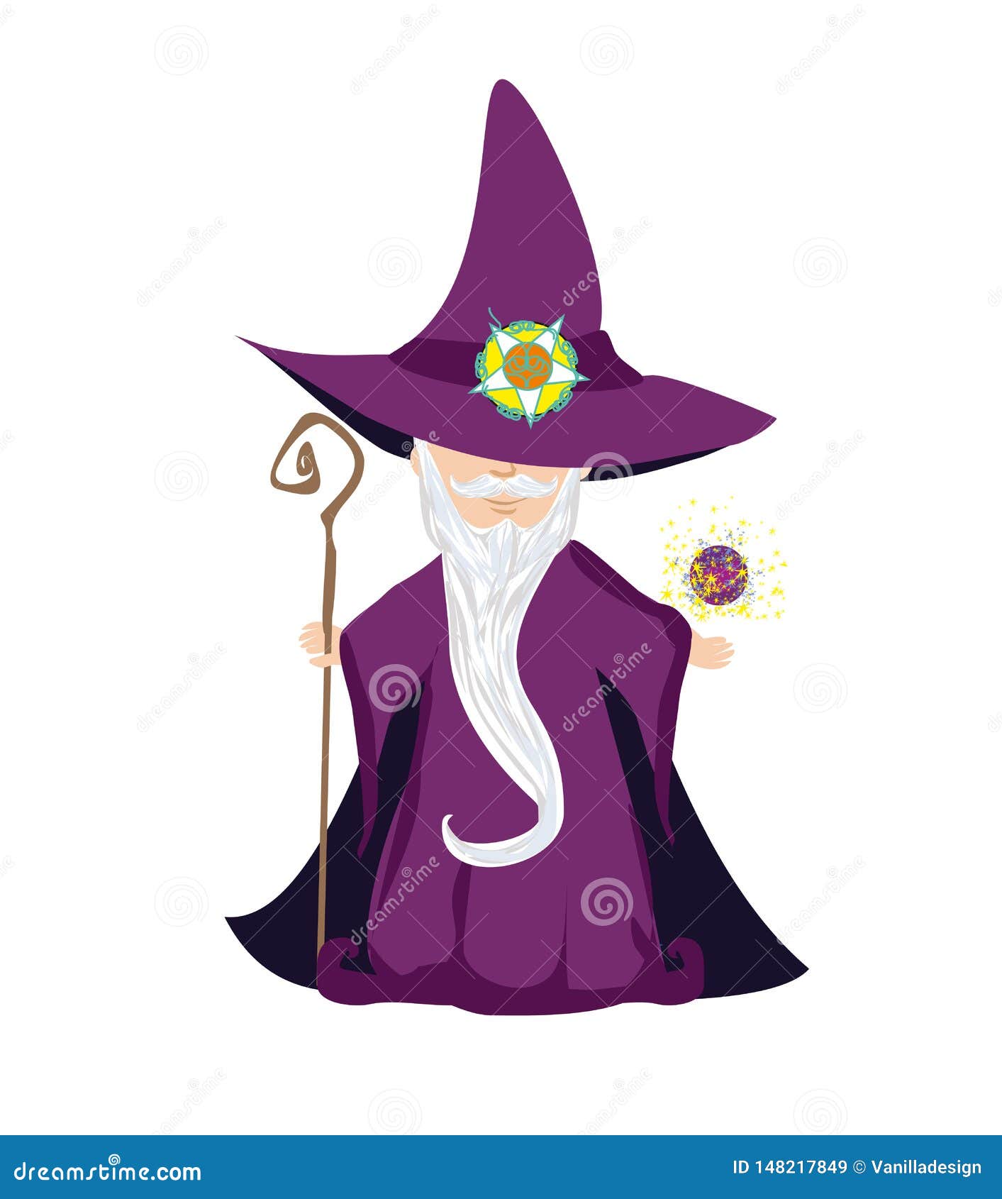 Funny Wizard With Hat, Mantle And Magic Staff With Crystal. Vector ...