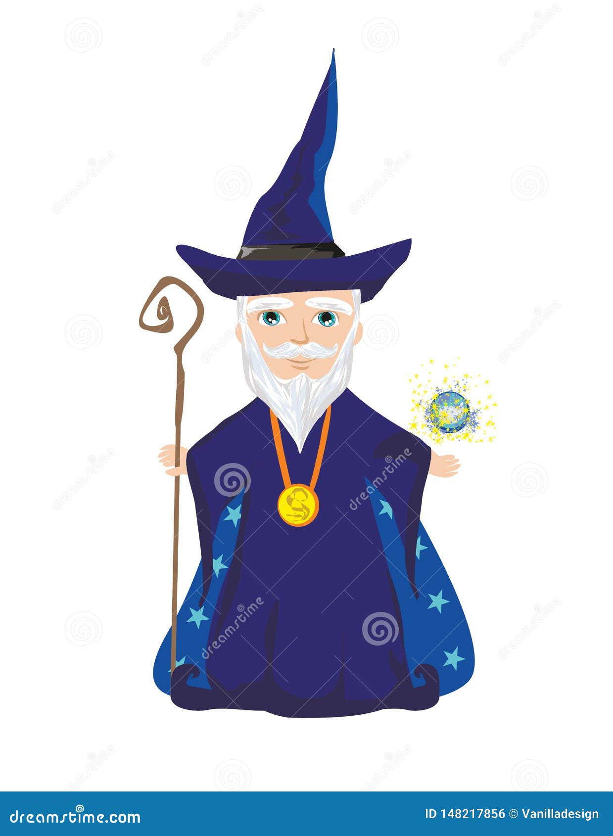 Funny Wizard With Hat, Mantle And Magic Staff With Crystal. Vector ...