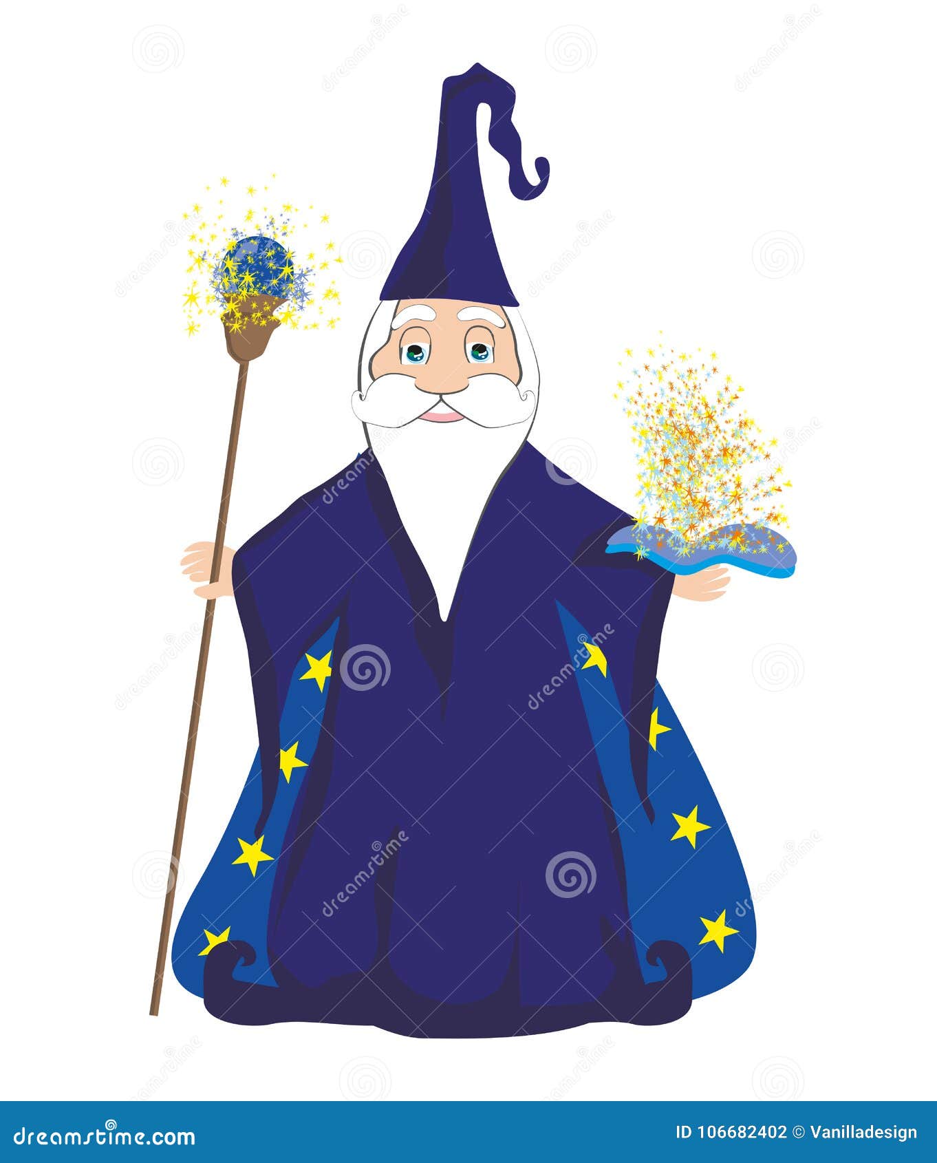 Funny Wizard With Hat, Mantle And Magic Staff With Crystal. Vector ...