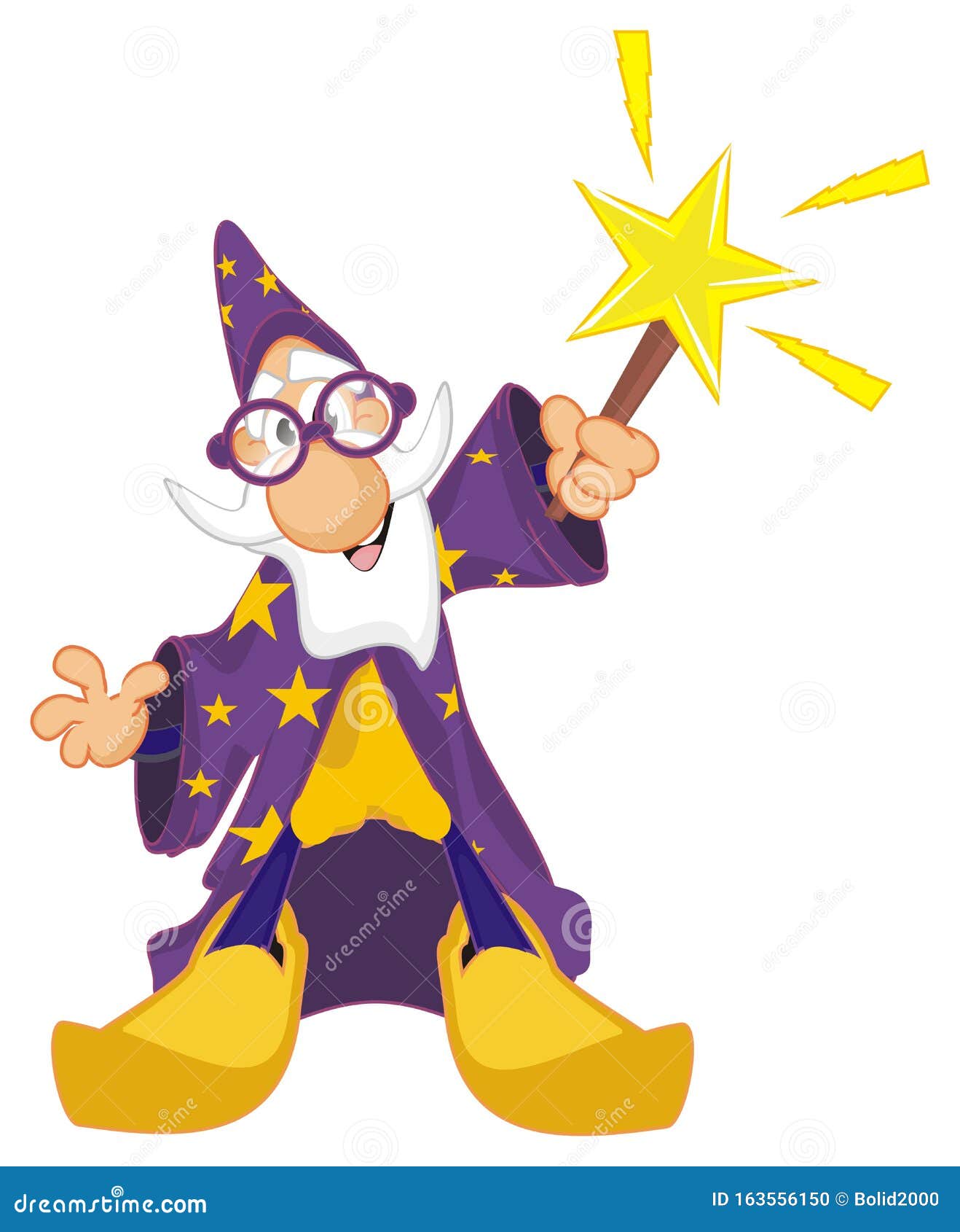 Funny Wizard With Hat, Mantle And Magic Staff With Crystal. Vector ...