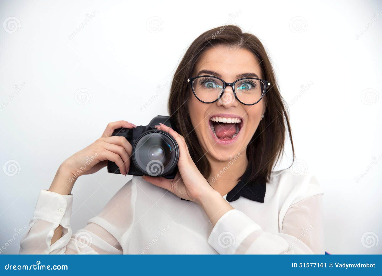 Funny woman holding camera stock image. Image of lighting - 51577161
