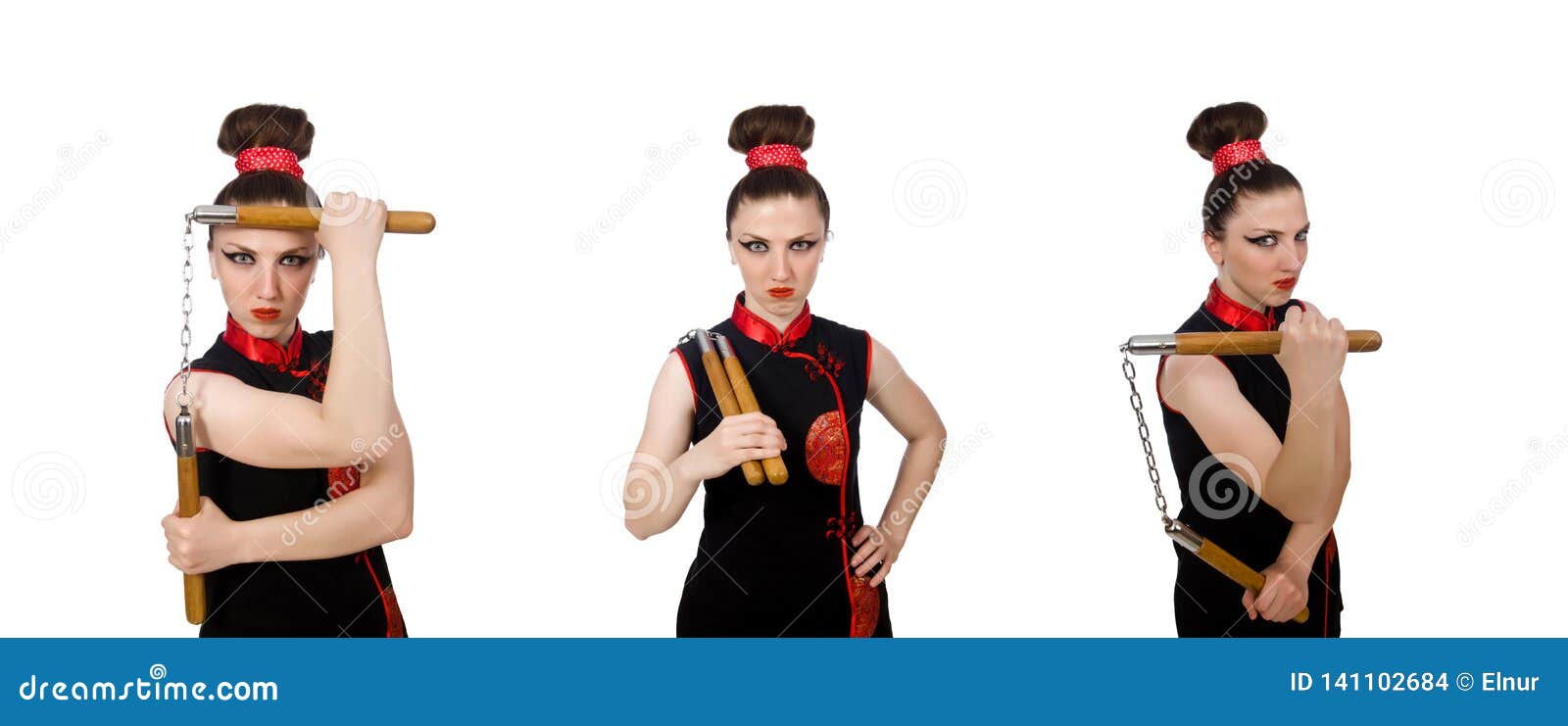 The Funny Woman with Nunchucks Isolated on White Stock Photo - Image of ...