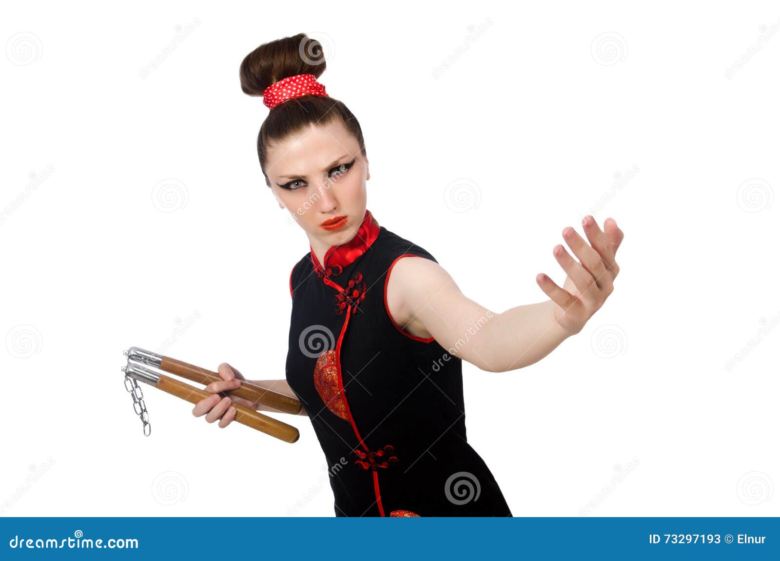 The Funny Woman with Nunchucks Isolated on White Stock Image - Image of ...