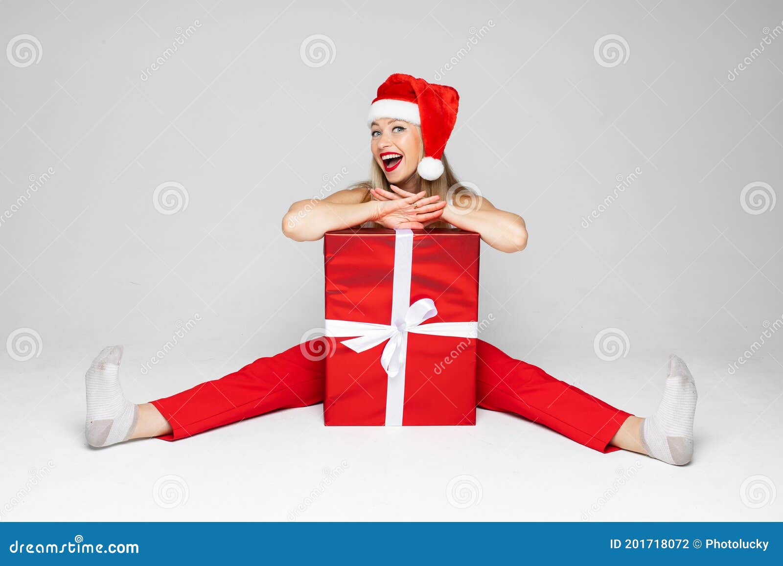 Funny Woman Sits with a Big Red Box Stock Photo - Image of christmas ...